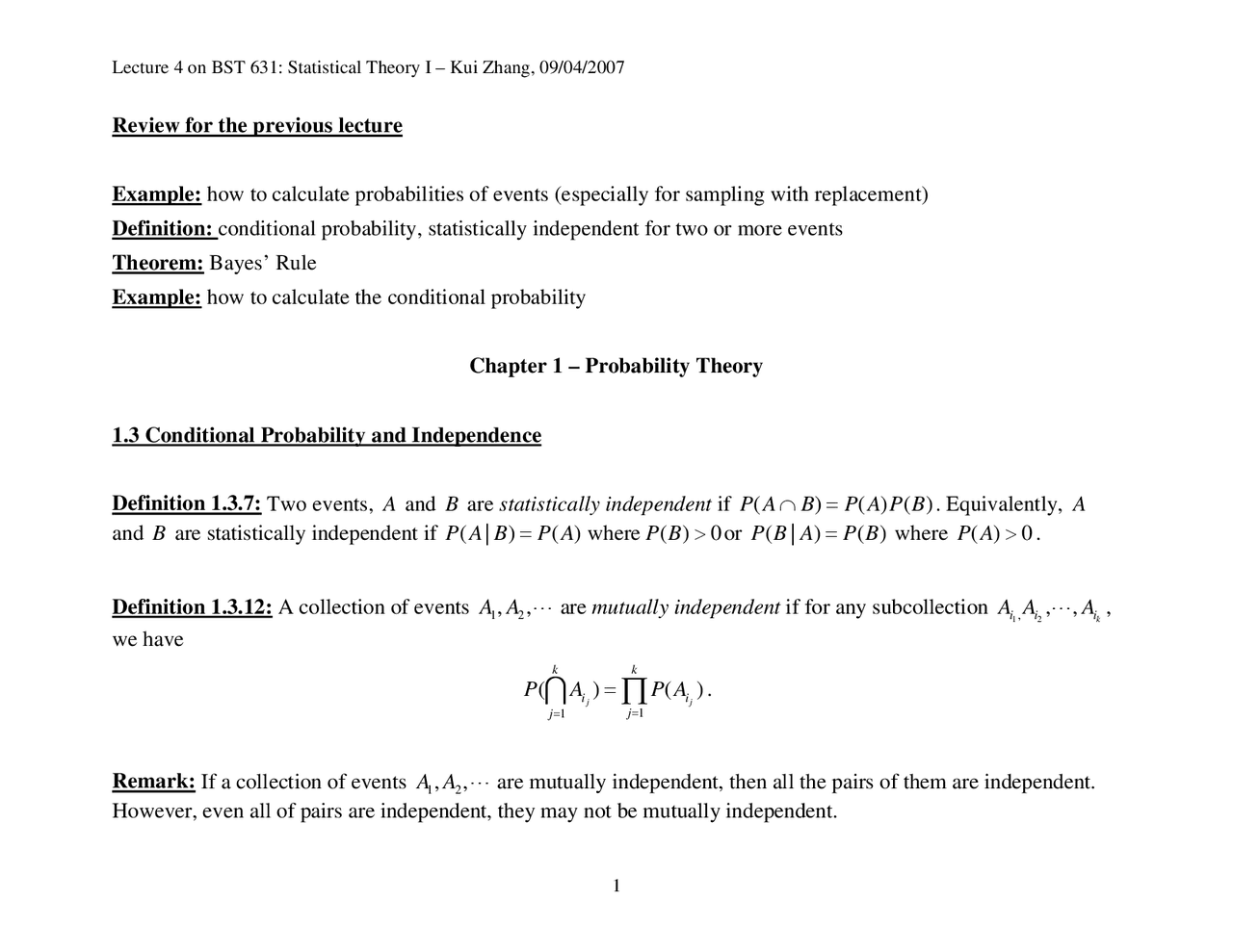 Review Sheet For Statistical Theory I Bst 631 Docsity