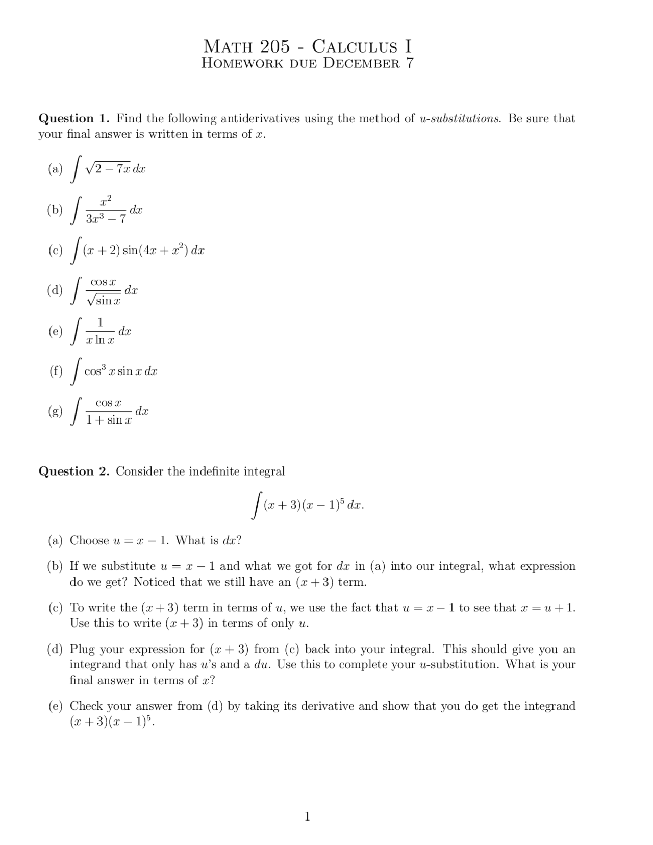 2 Problems On Indefinite Integrals In Calculus I Assignment Math