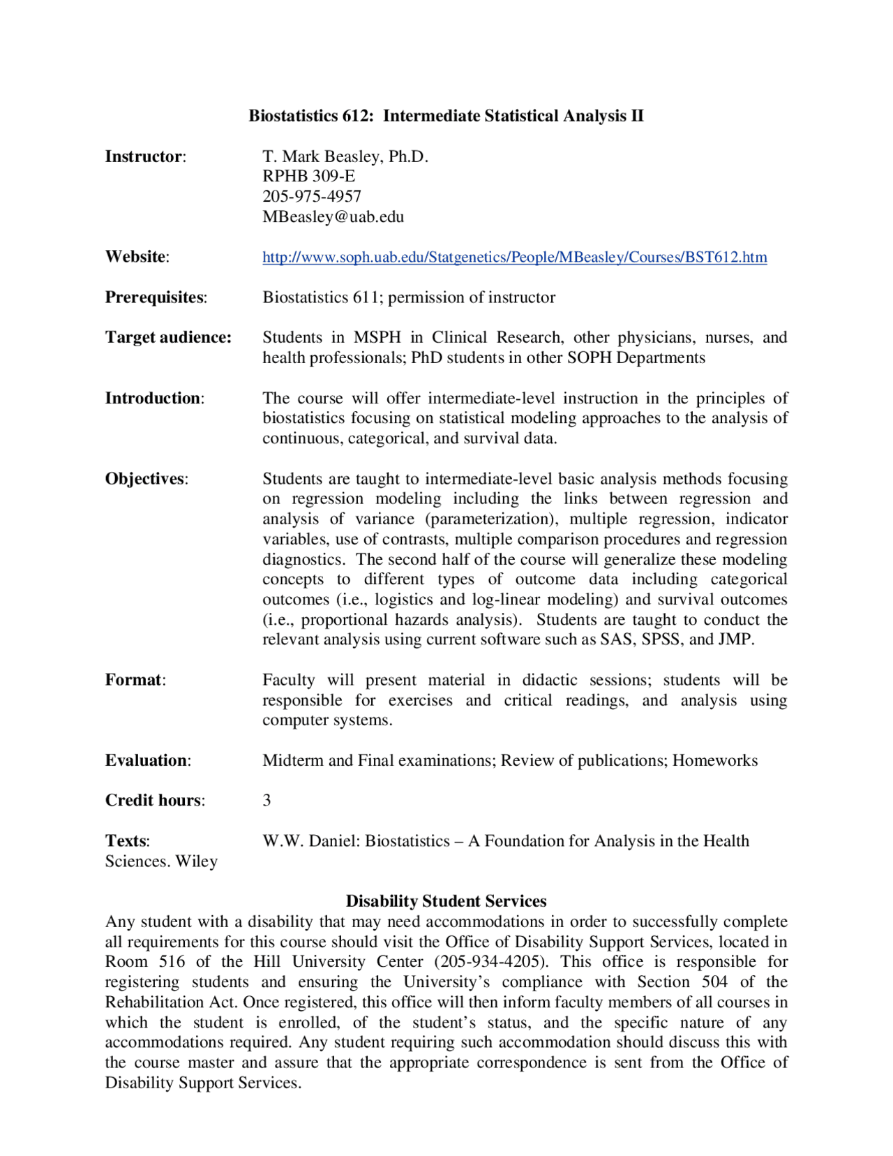 Syllabus and Proposed Timeline - Final Exam | BST 612 | Exams Biostatistics | Docsity