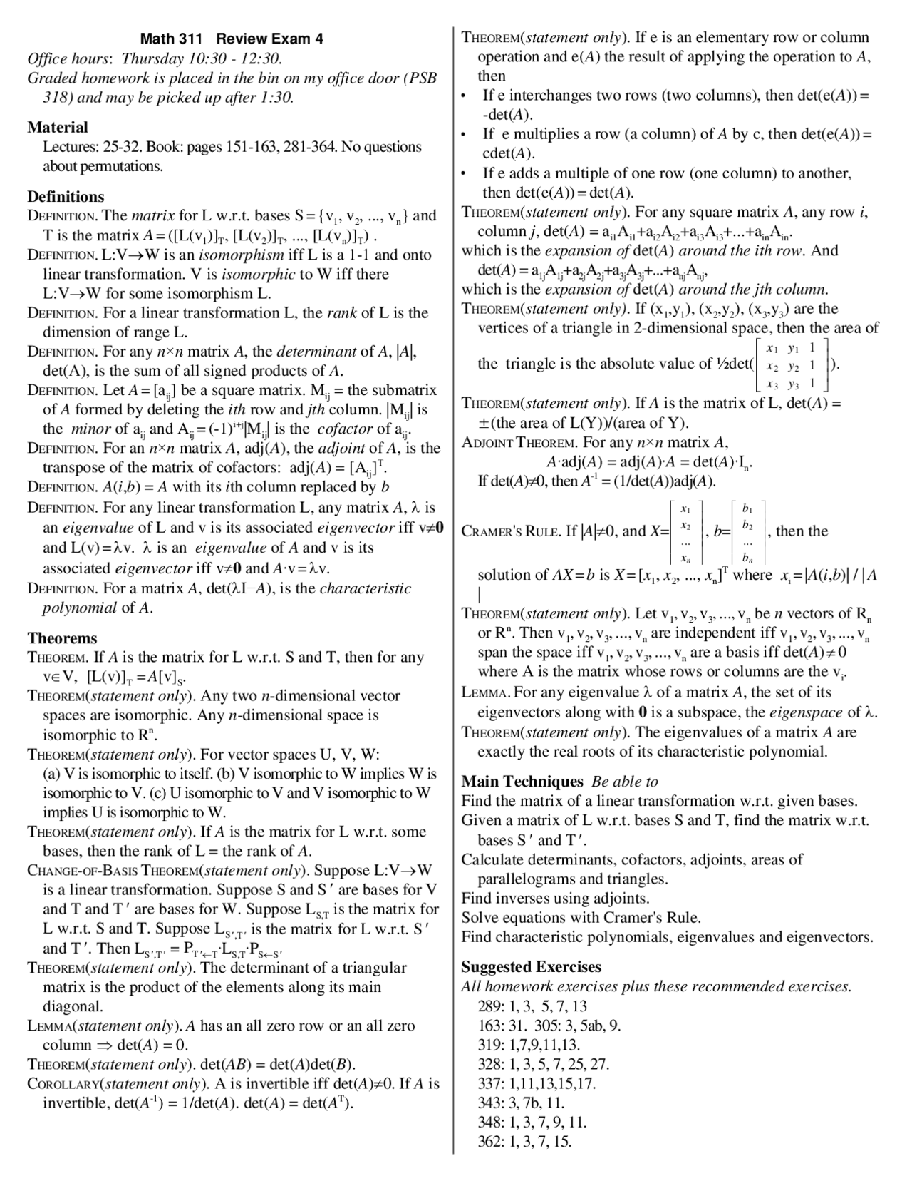 Review Sheet for Exam 4 - Introduction to Linear Algebra | MATH 311 ...