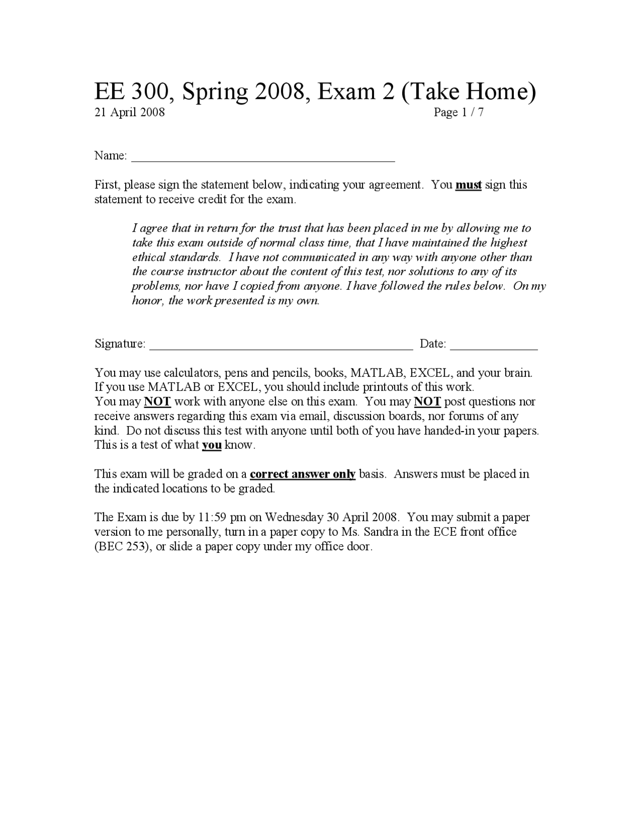 Practice Exam 2 Engineering Problem Solving Ii Ee 300 Docsity