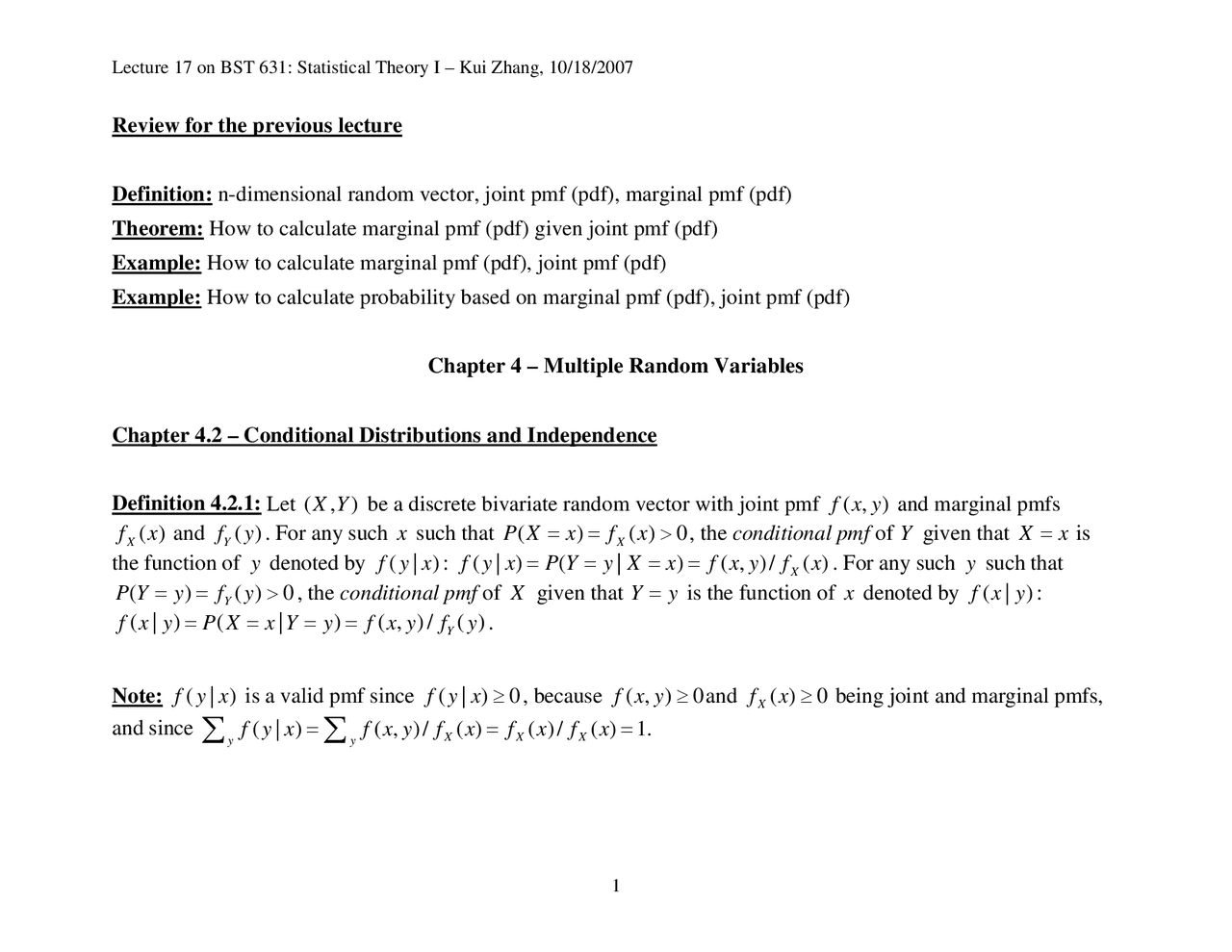 Multiple Random Variables Review Sheet Bst 631 Docsity