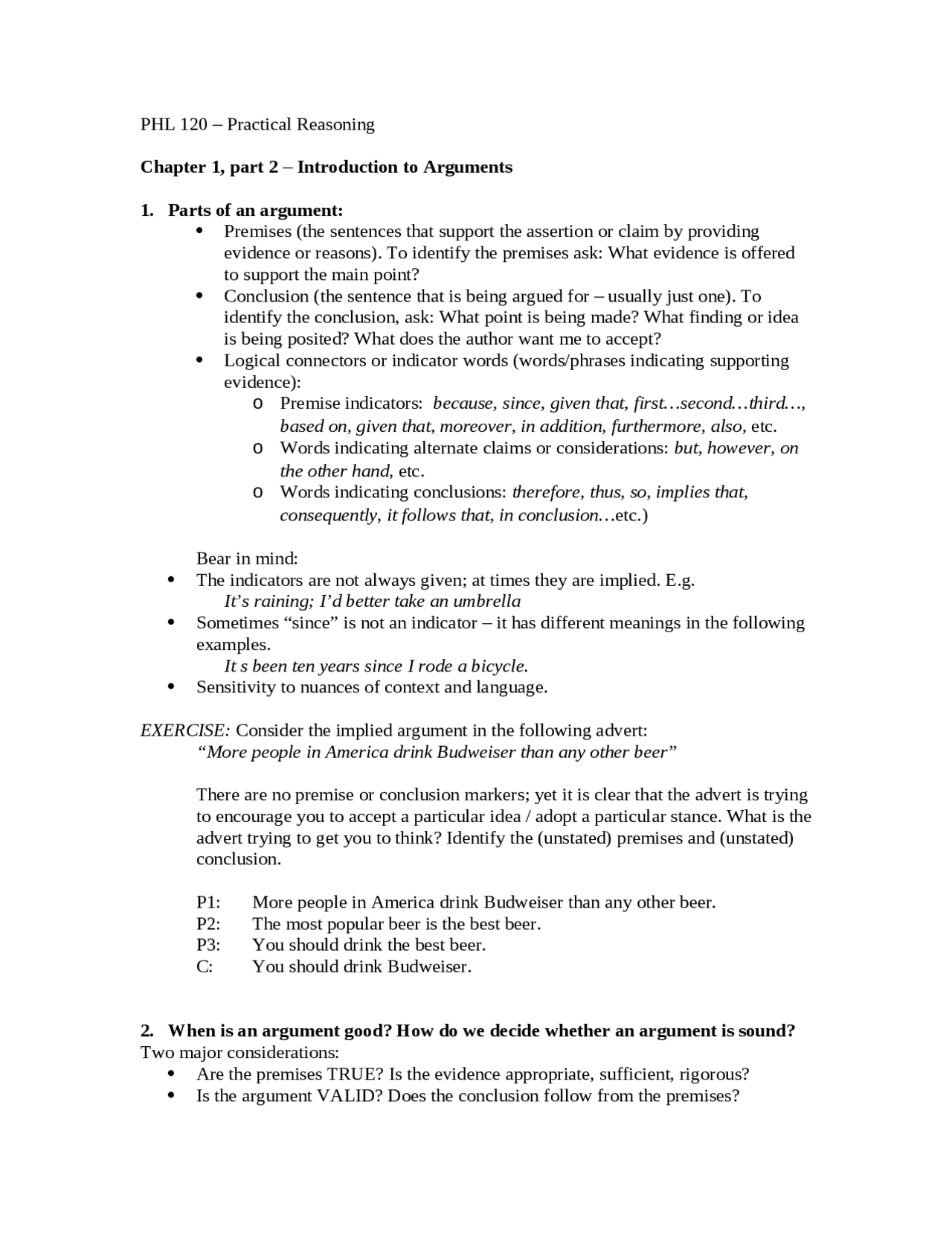 Introduction To Arguments Part 2 Lecture Notes Phl 120 Docsity