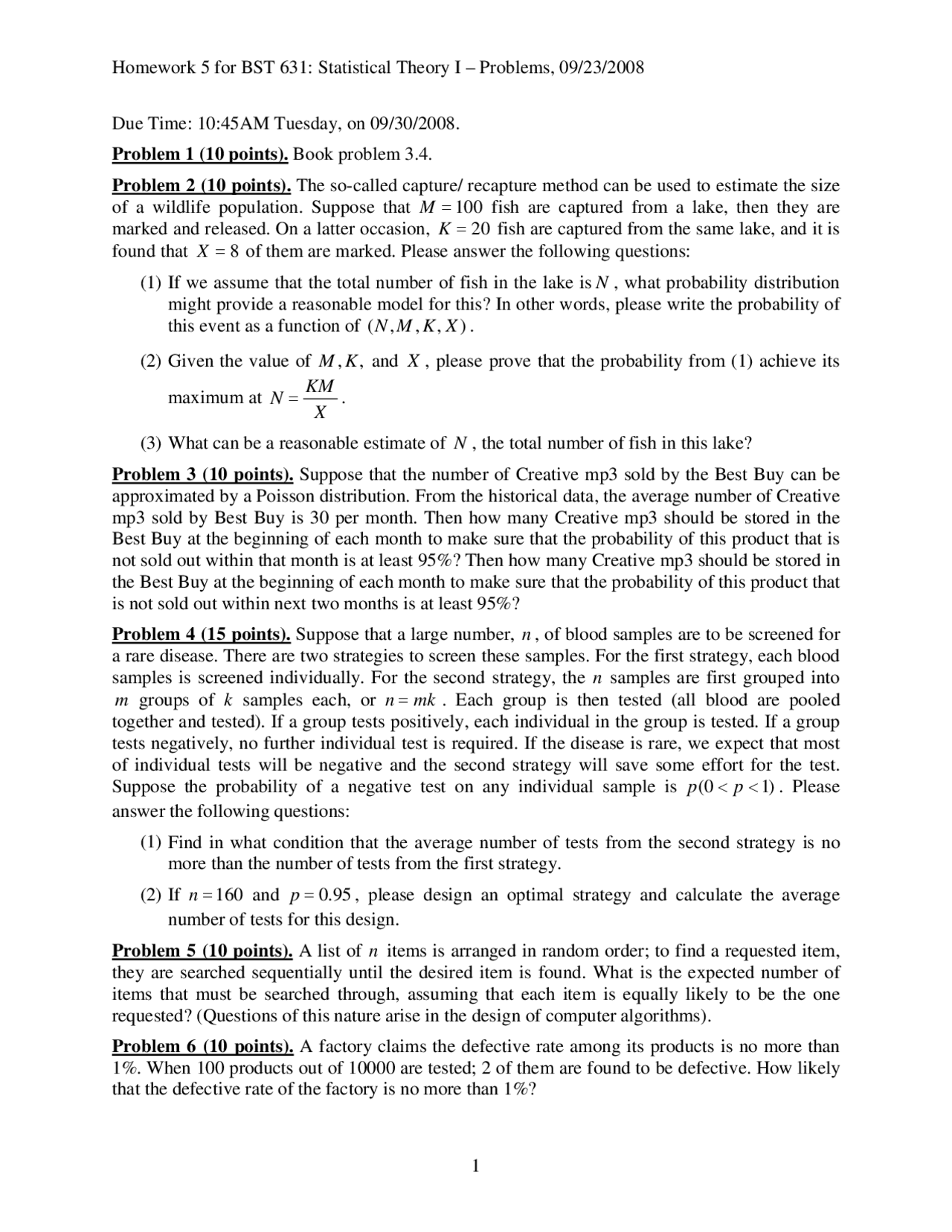 Homework 5 Statistical Theory I Bst 631 Docsity