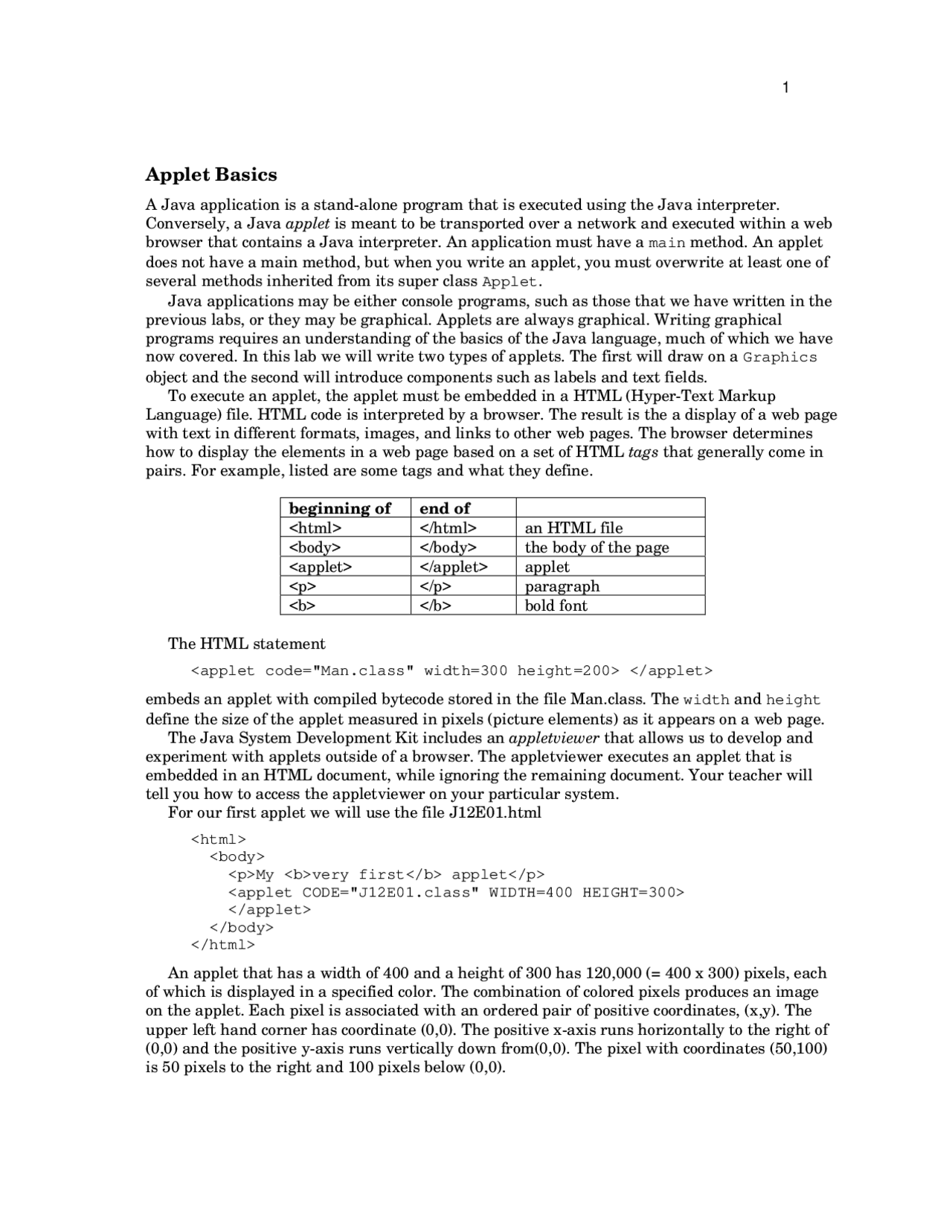 Introduction to Basics to First Applets | CS 201 - Docsity