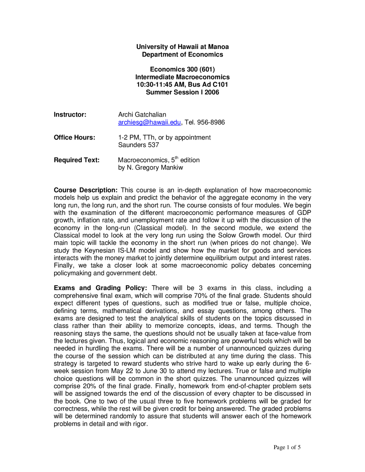 Final Syllabus - Intermediate Macroeconomic Theory | ECON 300 | Exams Macroeconomics | Docsity