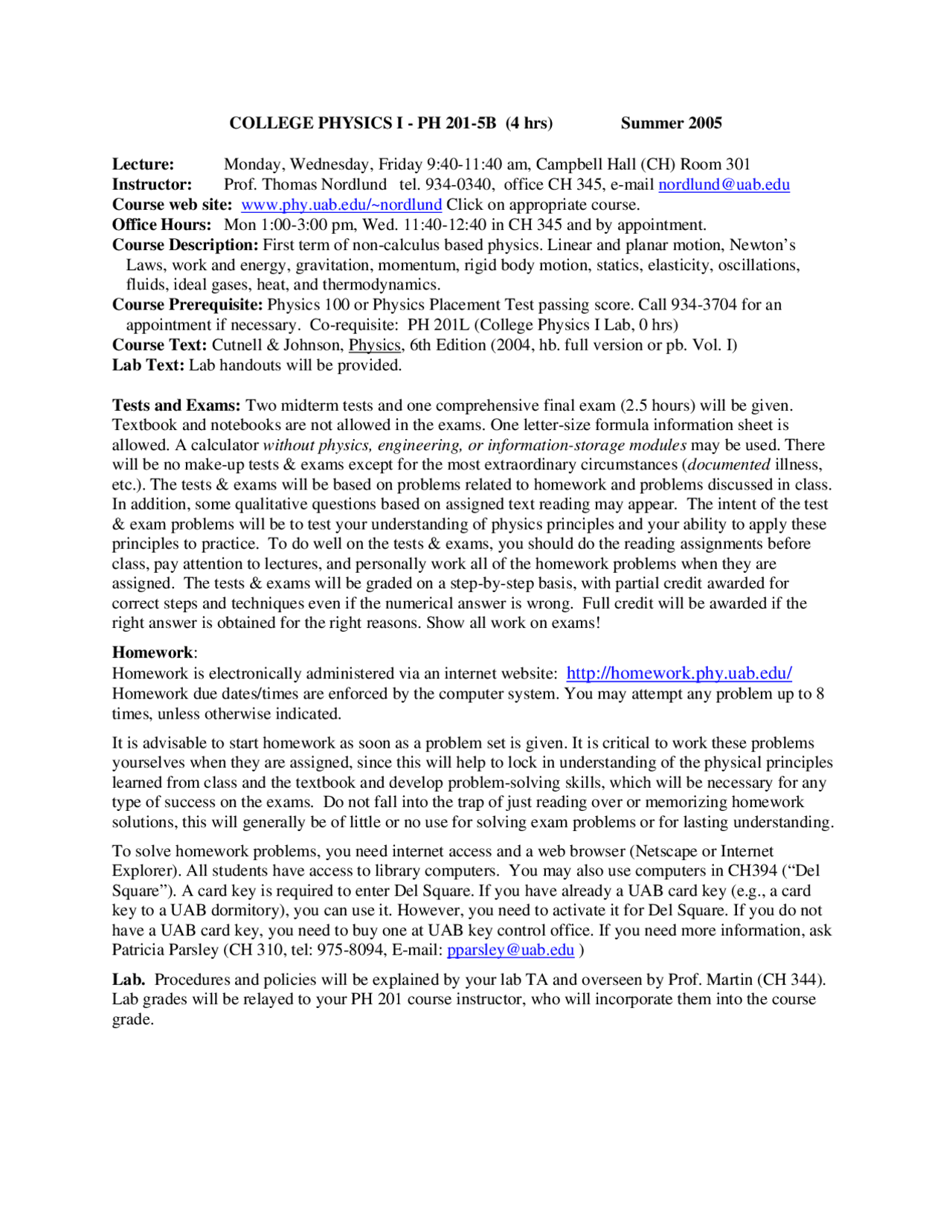 Course Description - College Physics I | PH 201 | Exams Physics | Docsity