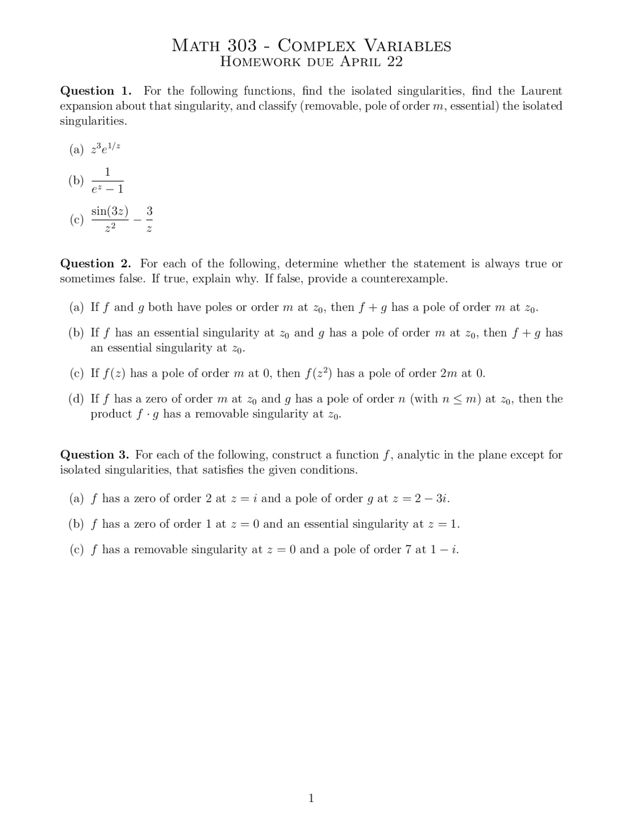 Complex Variables Homework Problems Set Math 303 Docsity