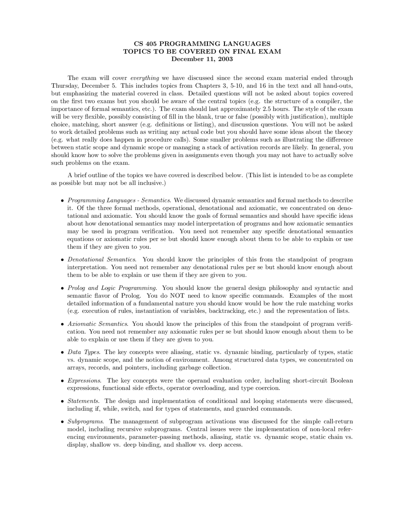 Sample Questions For Final Exam On Programming Languages Cs 501 Docsity