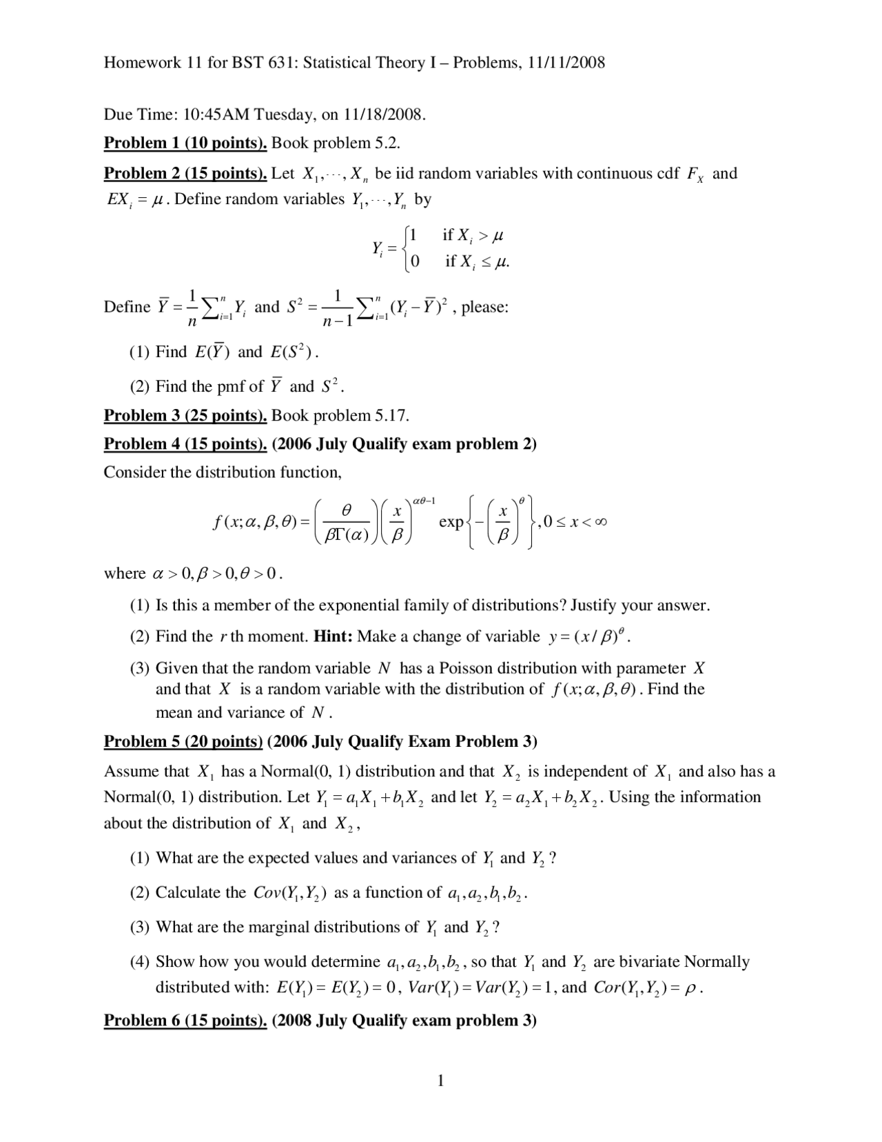 Homework 11 Statistical Theory I Fall 2008 Bst 631 Docsity