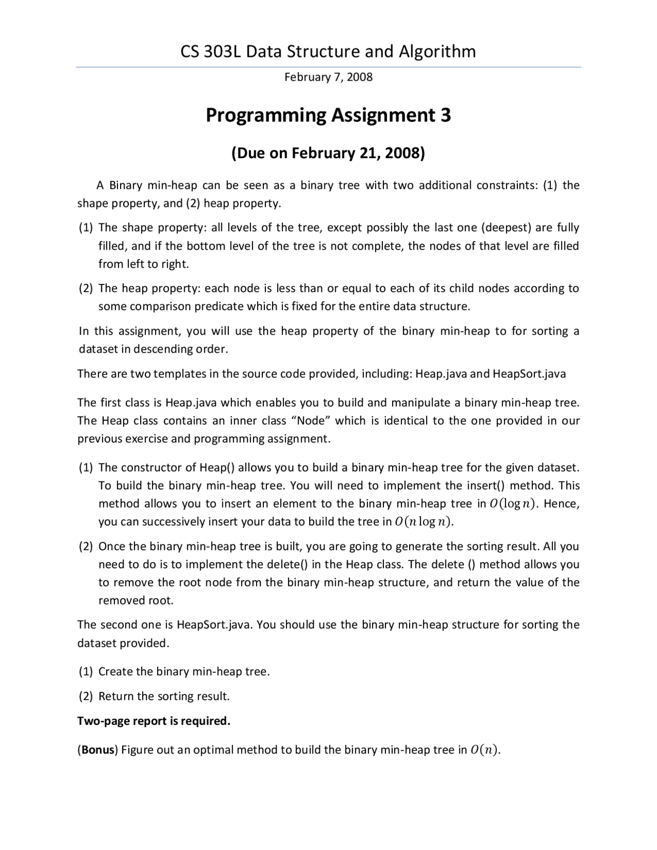 Programming Assignment 3 Data Structure And Algorithms Cs 303 Docsity