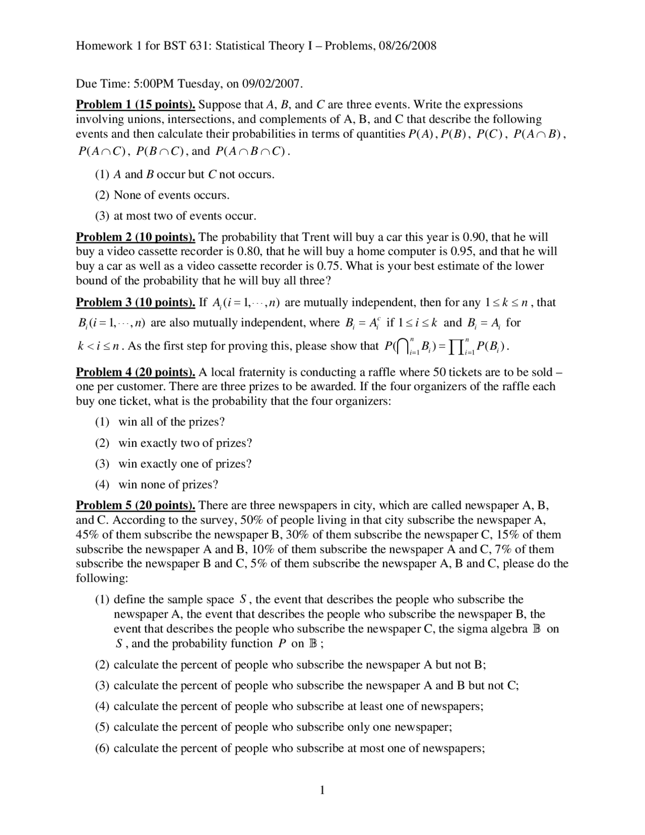 Homework 1 Statistical Theory I Fall 2008 Bst 631 Docsity