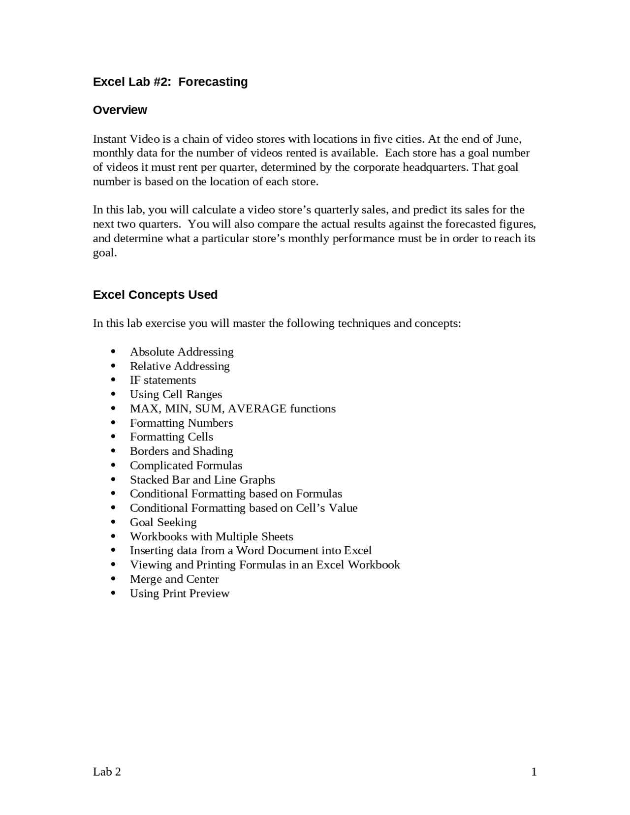 Excel Lab 2: Forecasting Sales for Instant Video Stores | Lab Reports Computer Science | Docsity