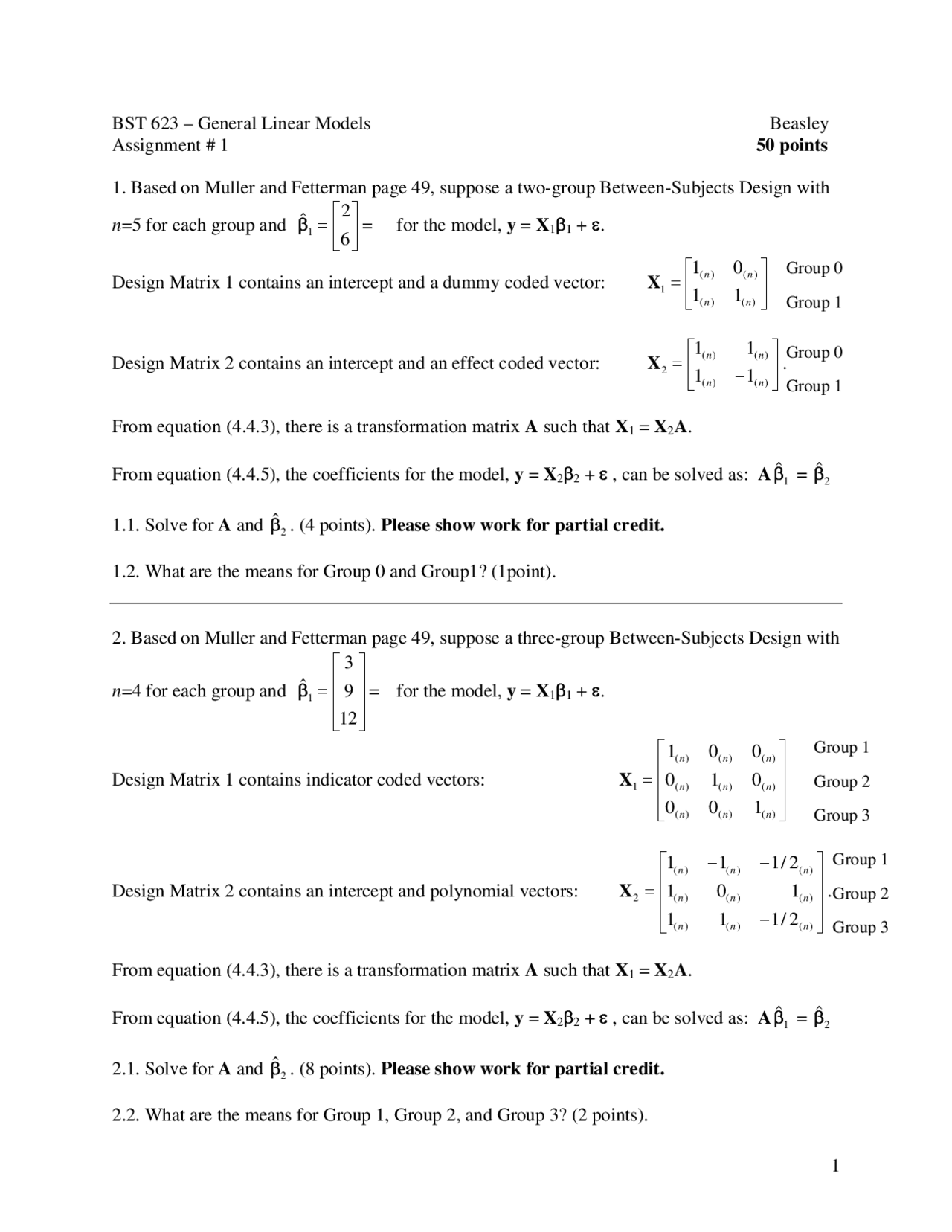 General Linear Models Assignment 1 Bst 623 Docsity