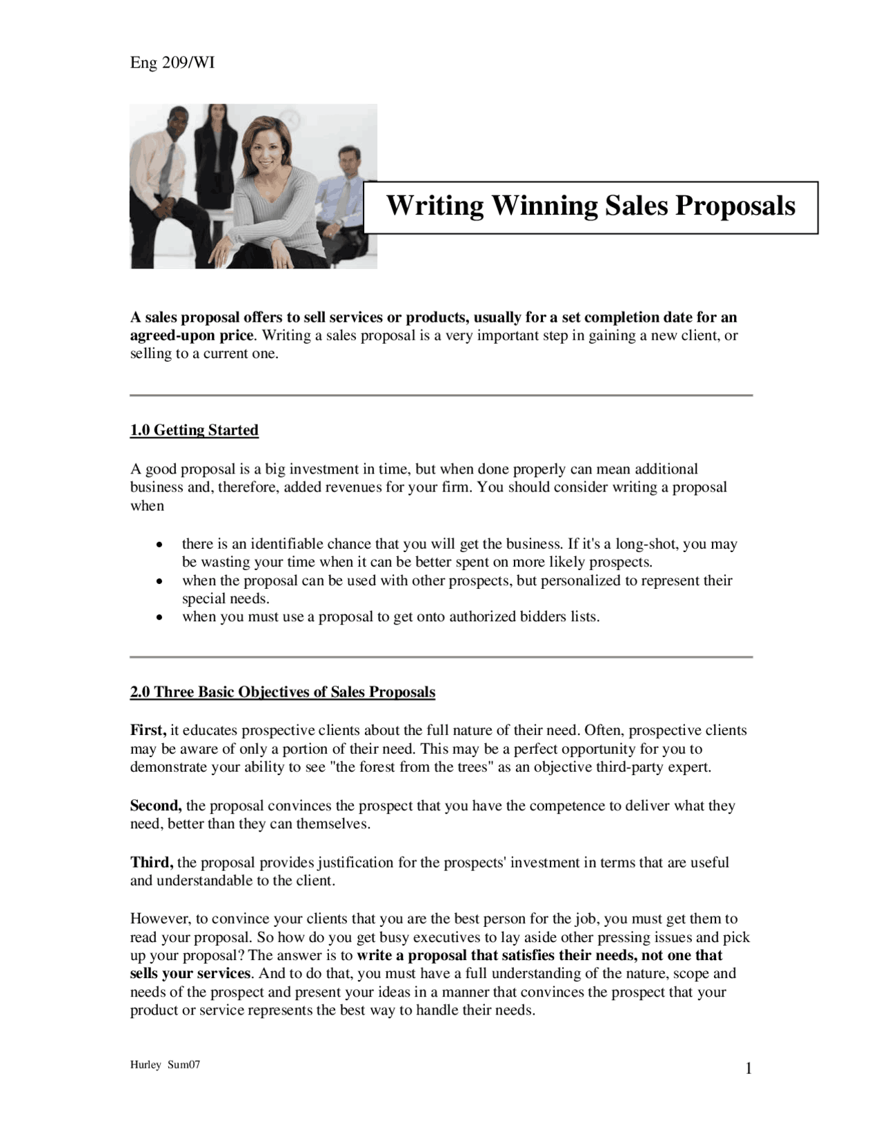 Writing Winning Sales Proposals - Writing for Business | ENG 209 - Docsity