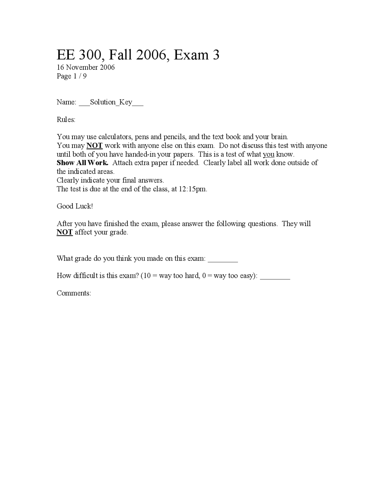 Solution Key for Exam 3 - Engineering Problem Solving II | EE 300 - Docsity