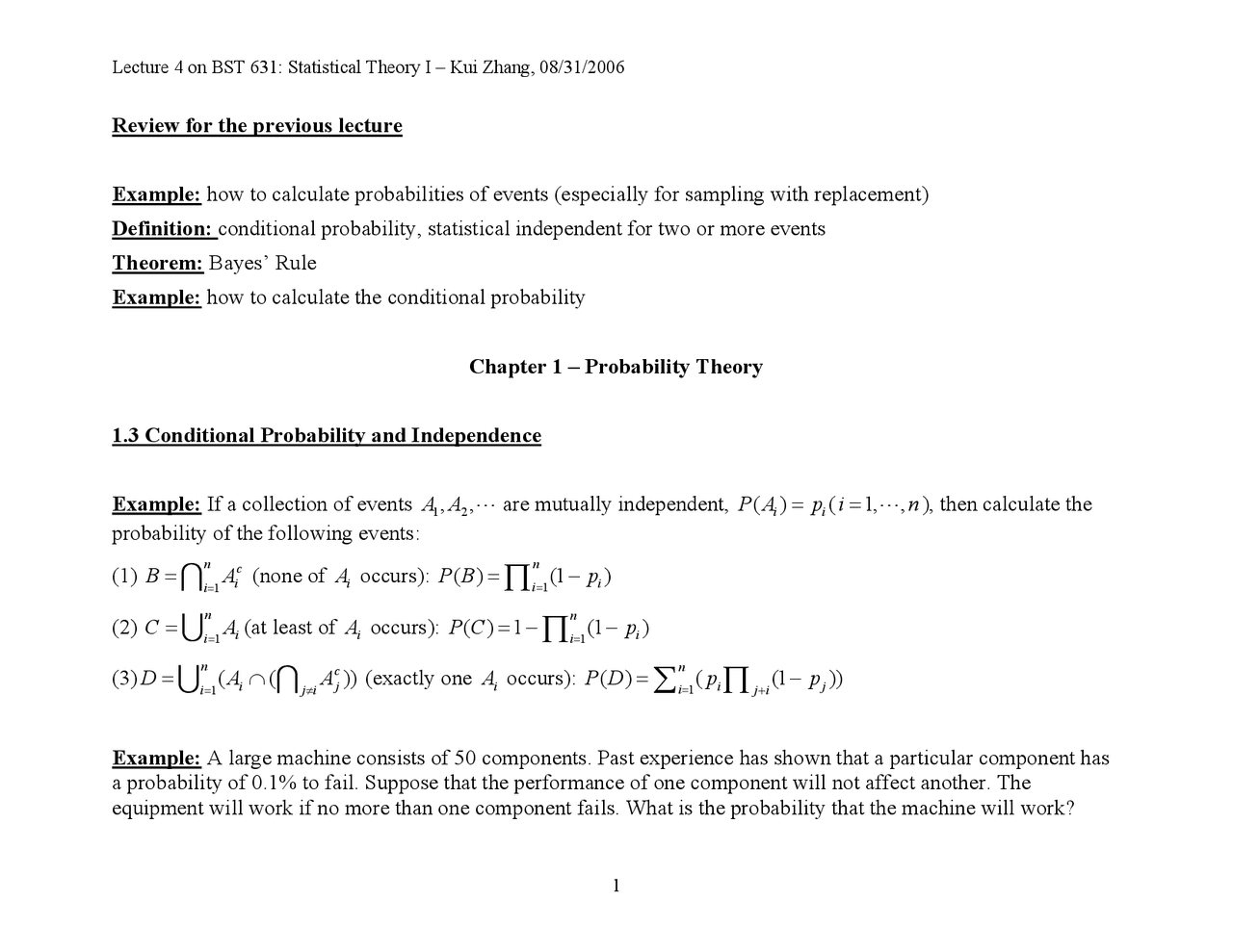 Review Sheet For Statistical Theory I Fall 2006 Bst 631 Docsity
