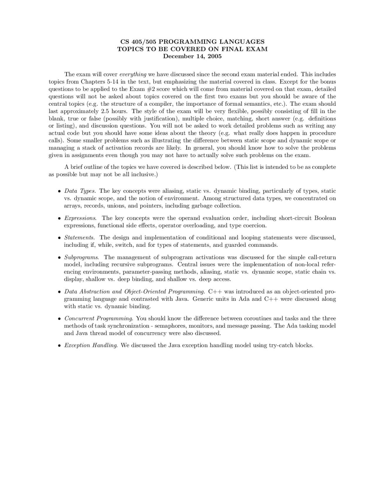 Programming Languages Solutions For Final Exam Fall 2005 Cs 401