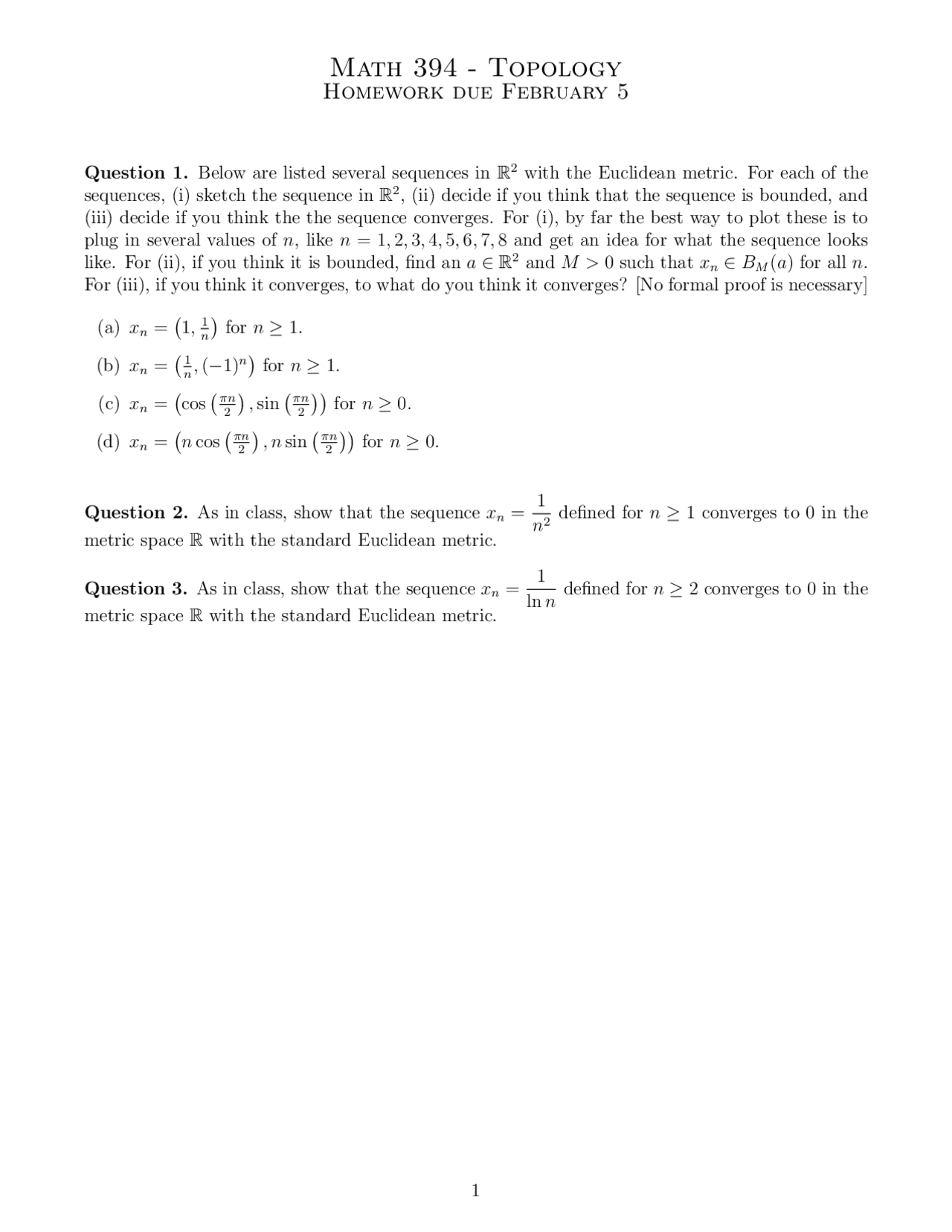 Wi Special Topics In Mathematics Topology Homework Math 394 Docsity