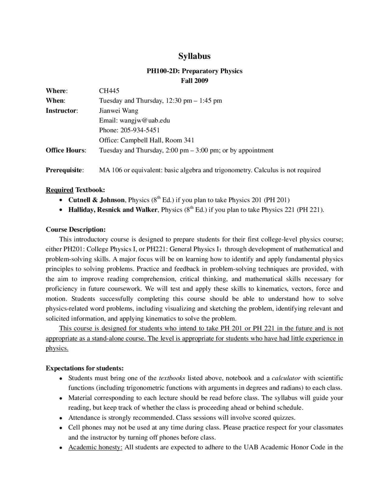 Introduction To Preparatory Physics I Syllabus Ph 201 Docsity