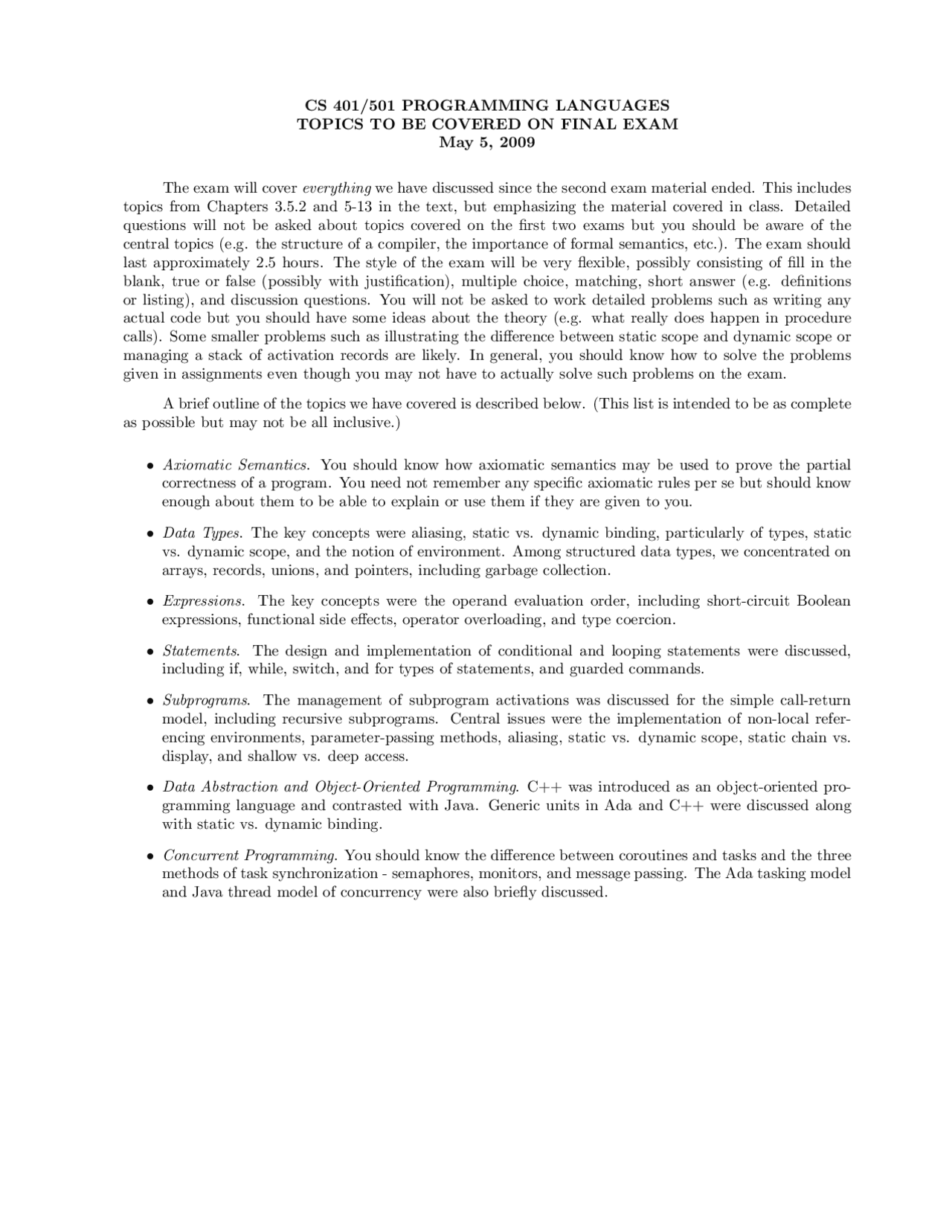 Final Exam Review Programming Languages Cs 401 Docsity