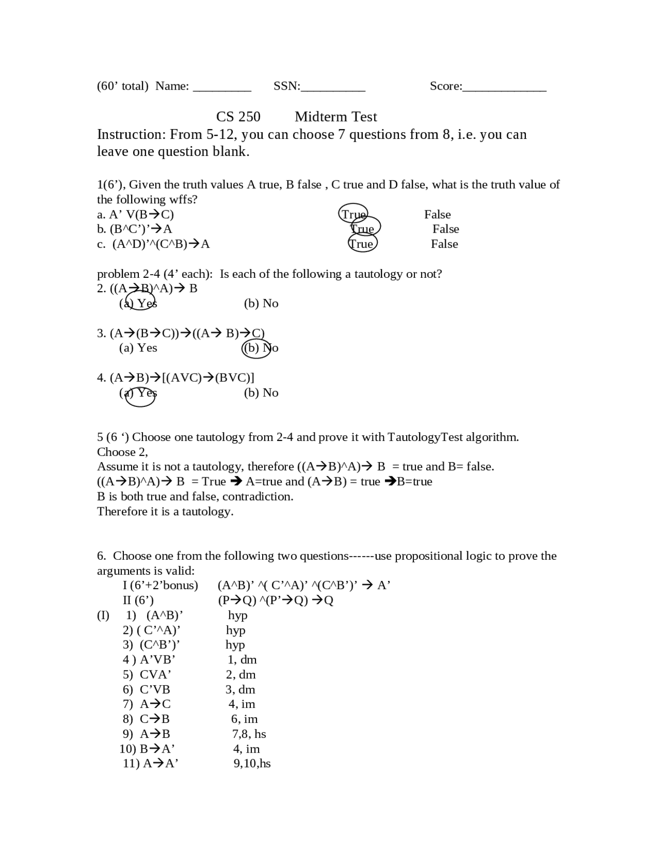Solutions For Midterm Exam Discrete Structures Cs 250 Docsity