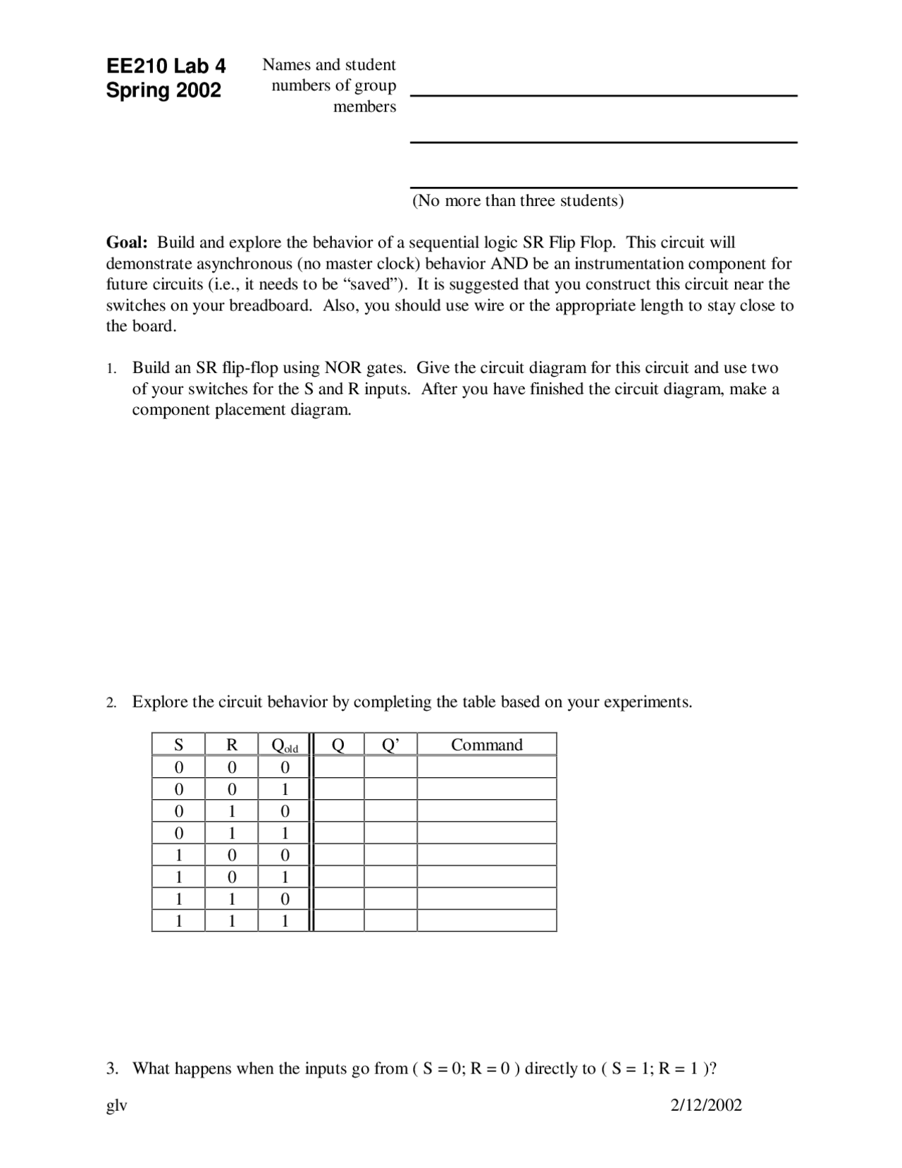Build And Explore Behavior Of A Sequential Logic Sr Flip Flop Ee 210 Docsity