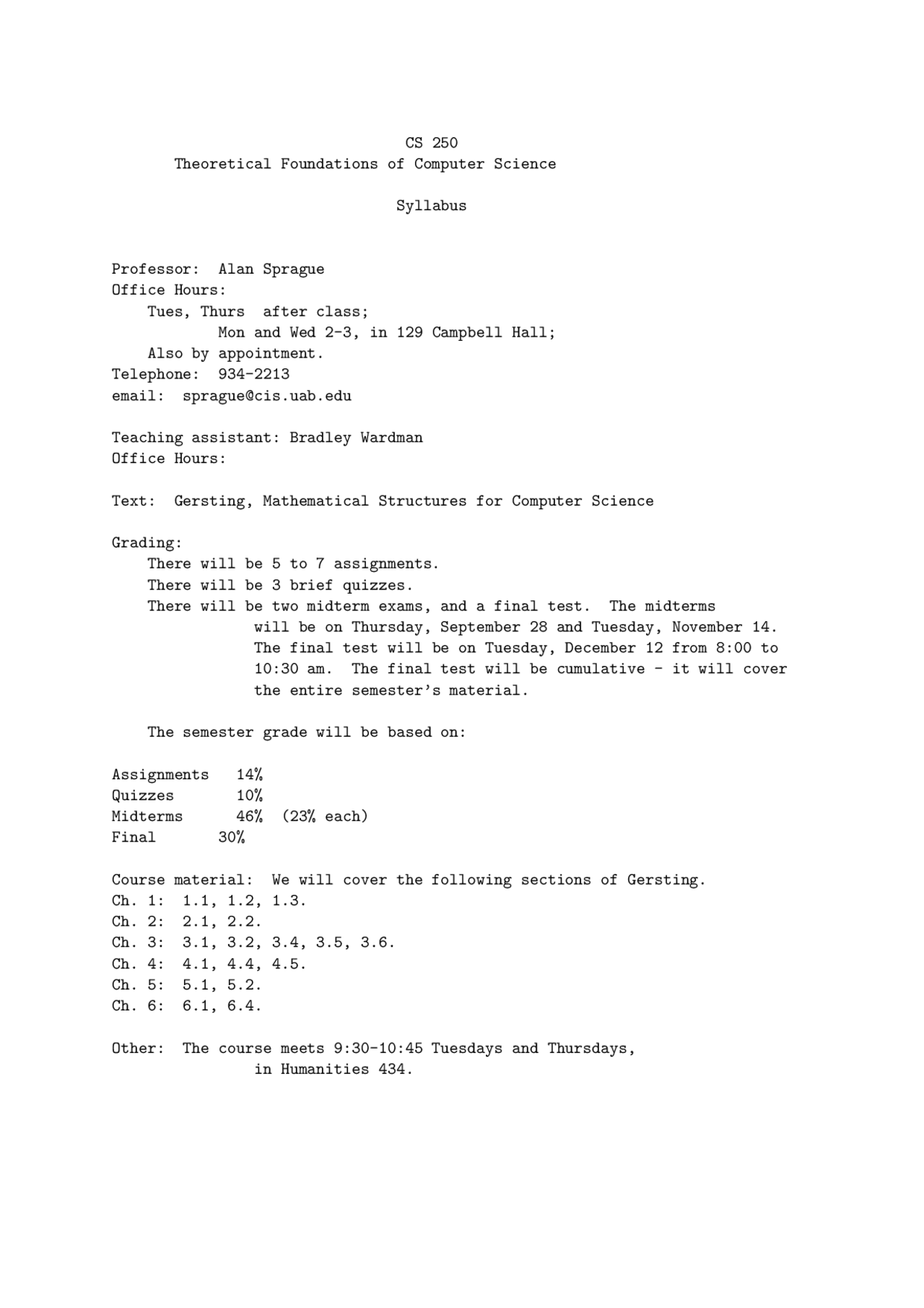 Syllabus For Theoretical Foundations Of Computer Science Cs 250 Docsity