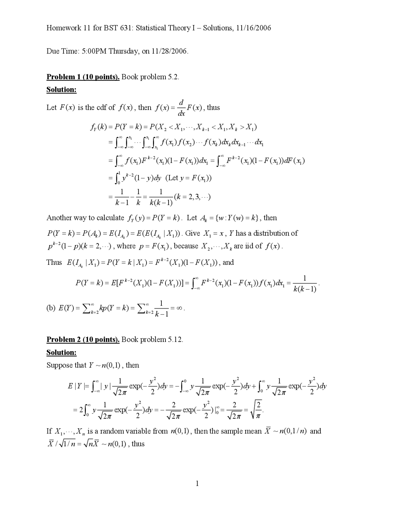 Assignment 11 With Solutions Statistical Theory I Bst 631 Docsity
