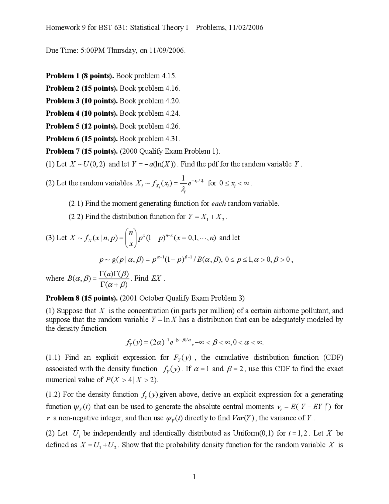 Assignment 9 Problems Statistical Theory I Bst 631 Docsity