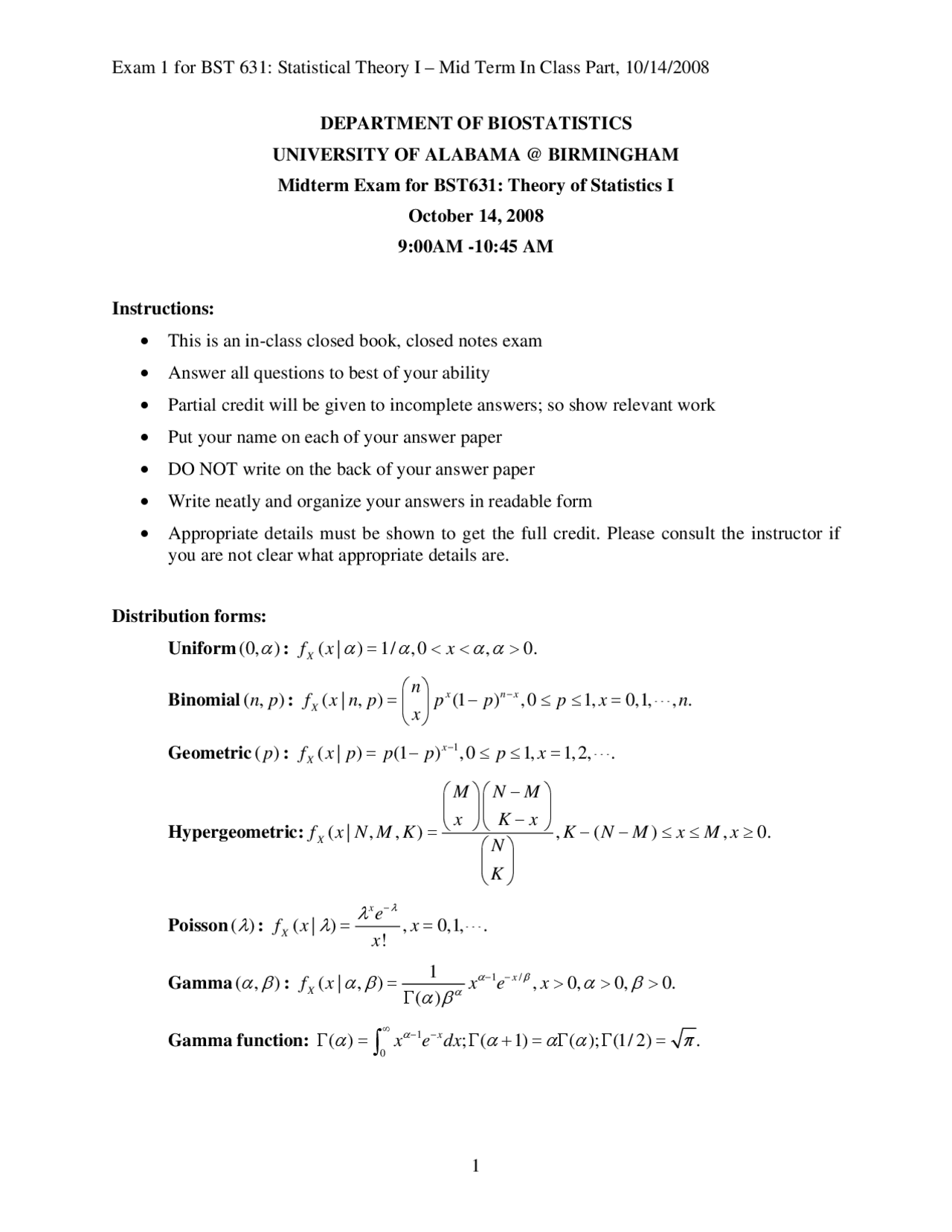 Practice Midterm Exam Problems Statistical Theory I Bst 631 Docsity