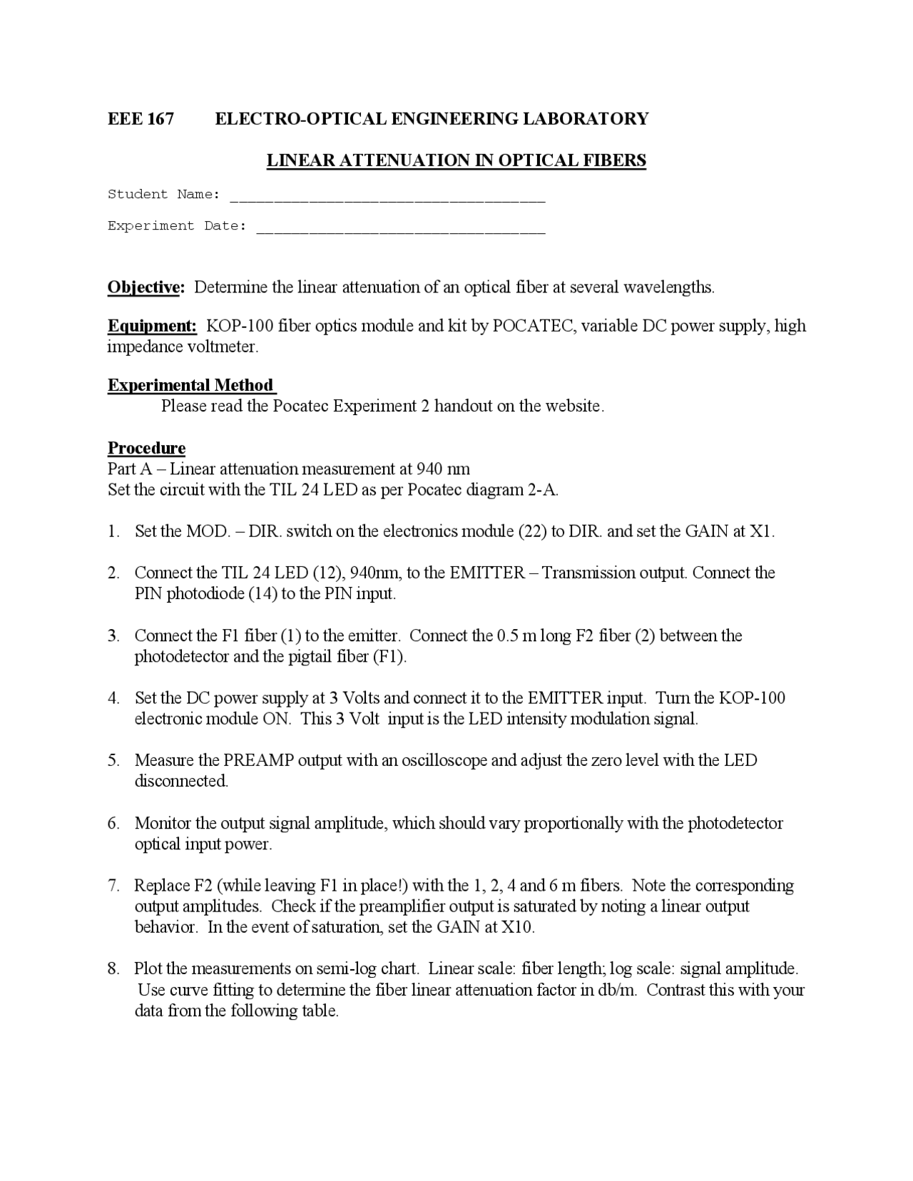 Linear Attenuation In Optical Fibers Lecture Notes Eee 167 Docsity