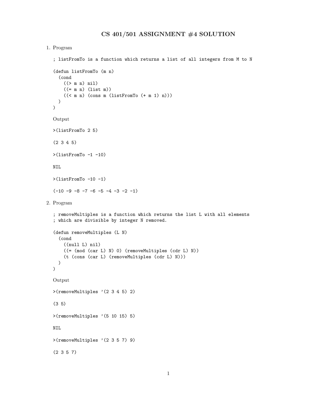 Solutions to CS 401/501 Assignment #4: Lisp Programming | Assignments Programming Languages ...