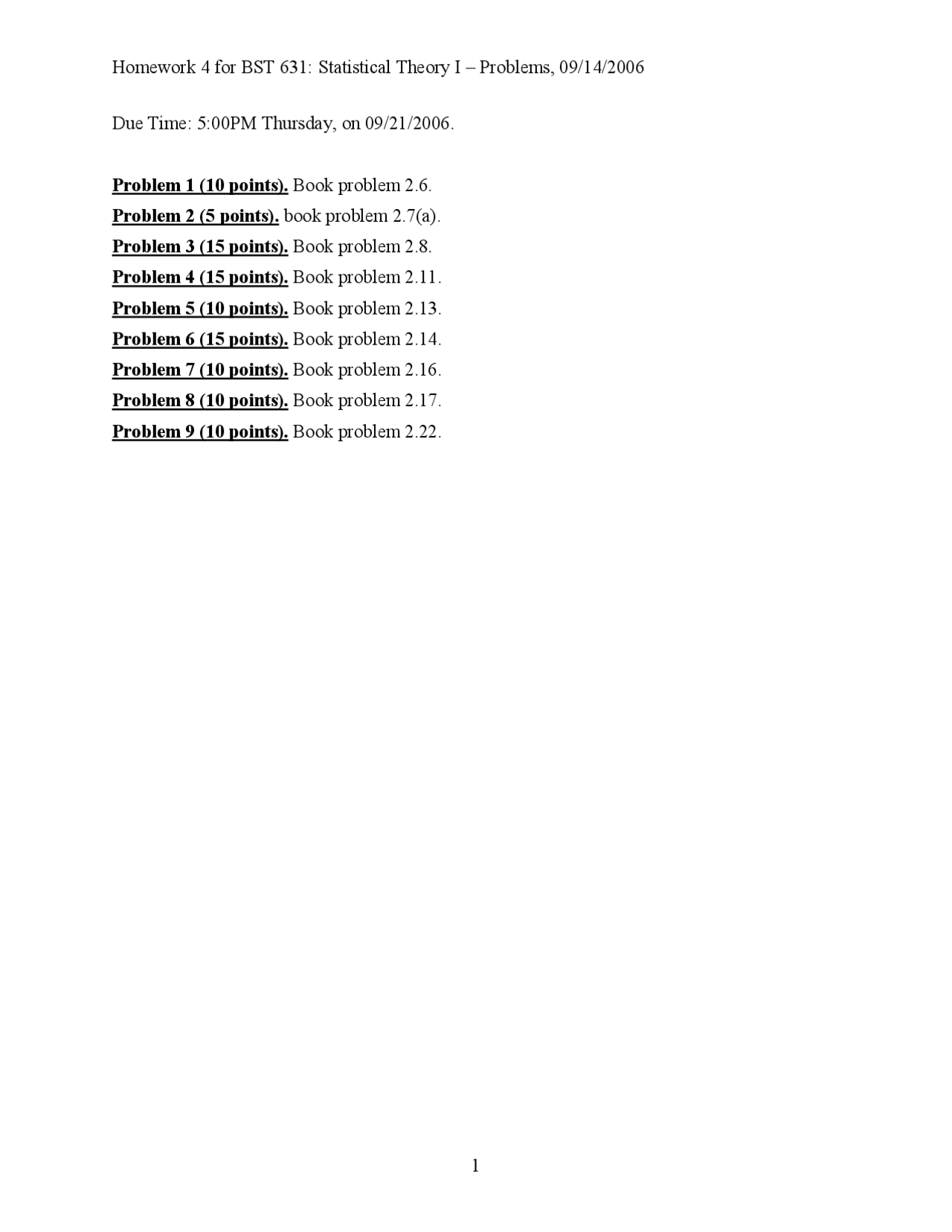 Statistical Theory I Assignment 4 Problems Bst 631 Assignments