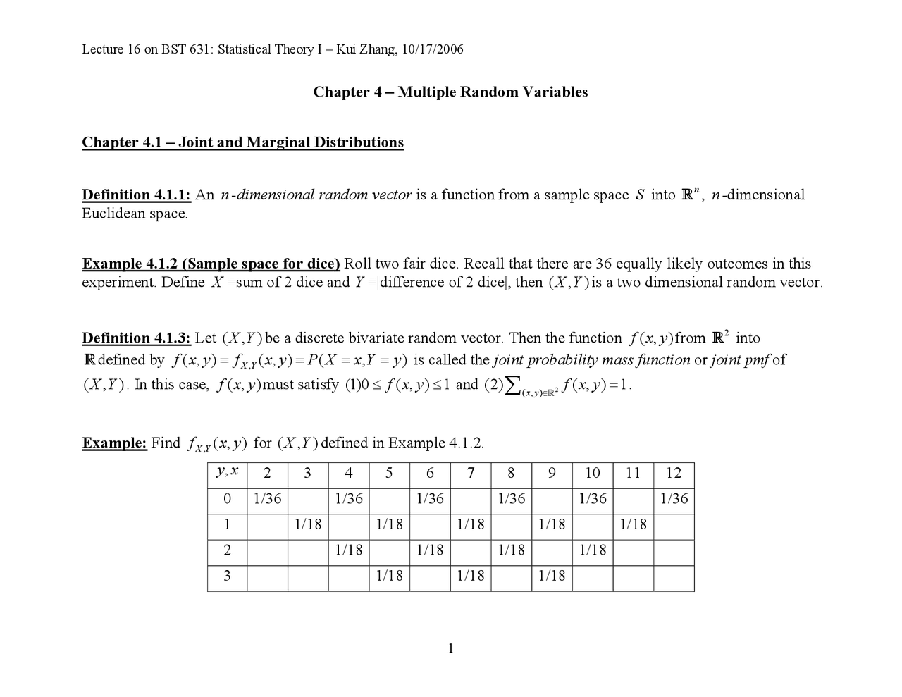 Notes On Multiple Random Variables Statistical Theory I Bst 631
