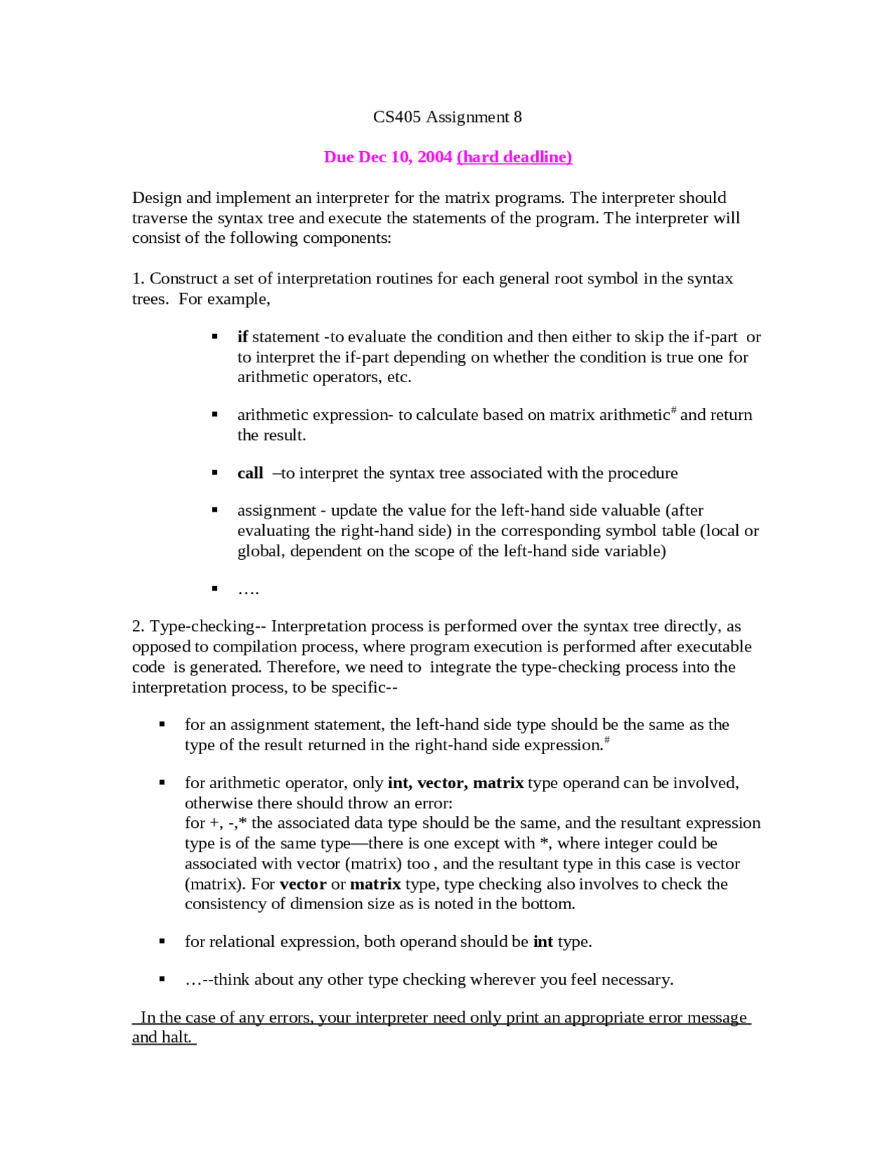 4 Solved Problems On The Matrix Program Homework 8 Cs 401 Docsity