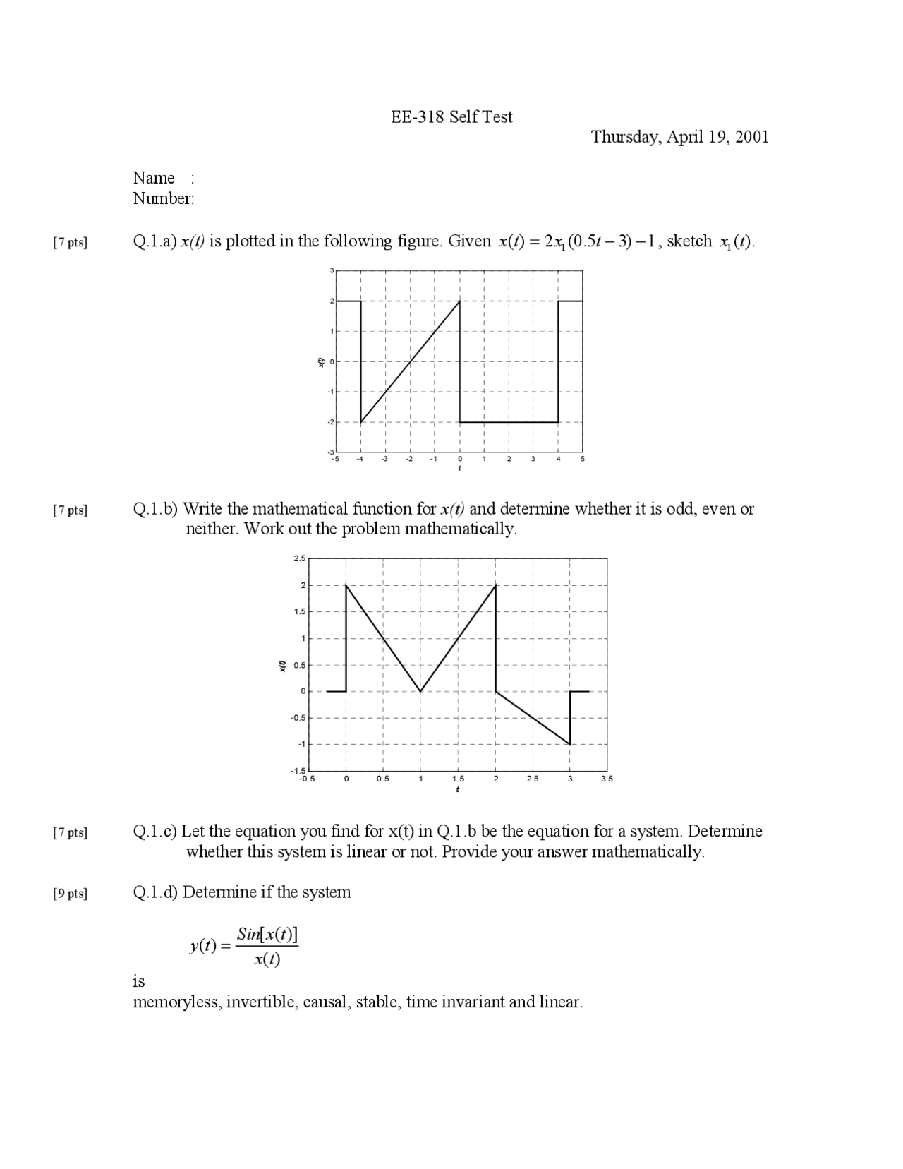 Self Exam Practice Methods Of System Analysis Ee 318 Docsity