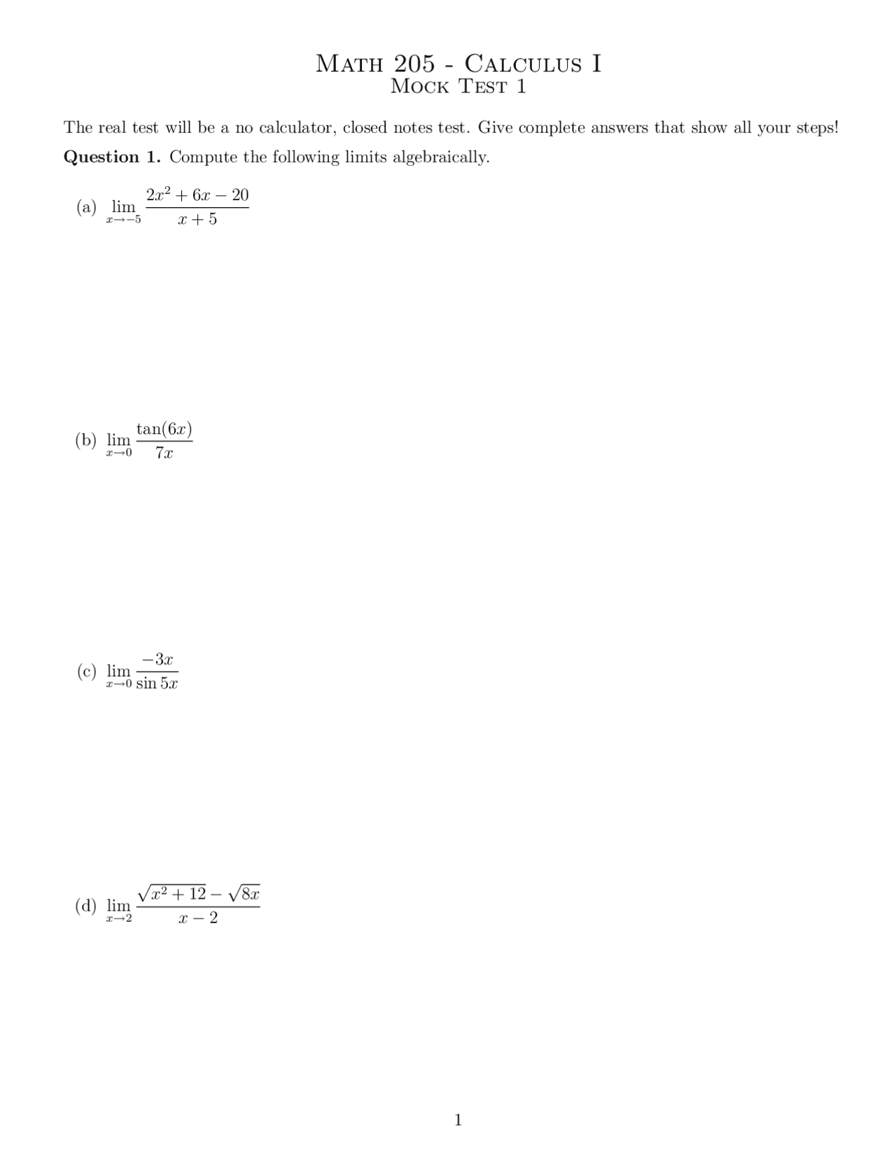 Practice Exam 1 for Calculus I | MATH 205 | Exams Calculus | Docsity