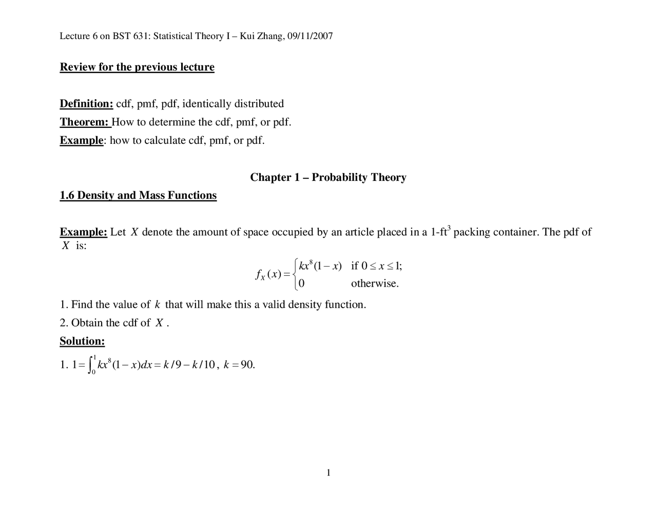 Review Sheet for Statistical Theory I | BST 631 - Docsity