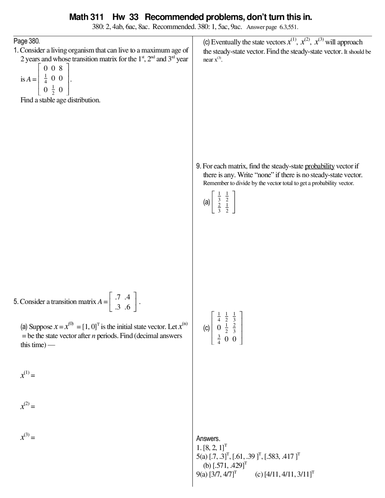 9 Problems With Answers Key On Linear Algebra Assignment Math 311