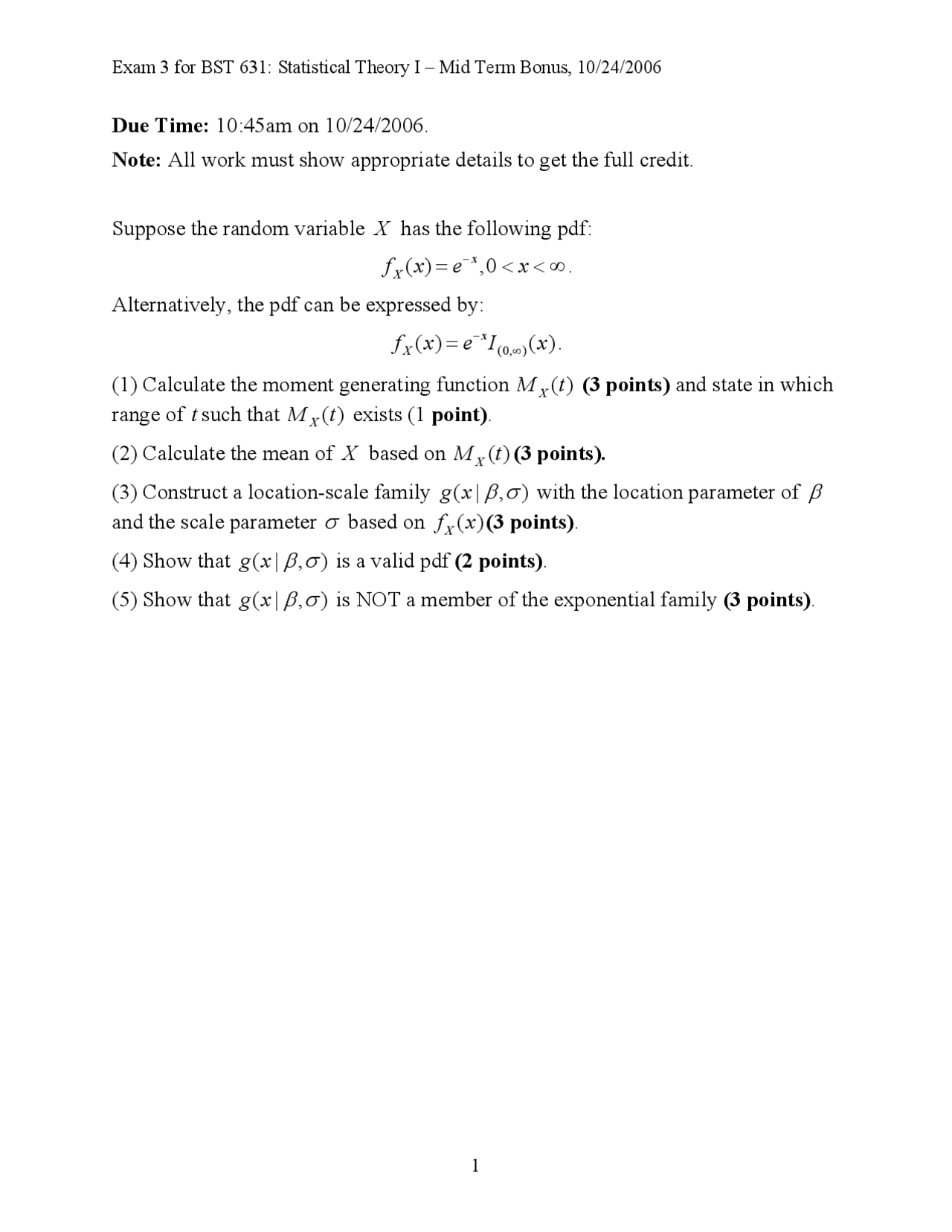 Midterm Exam 3 Statistical Theory I Bst 631 Docsity