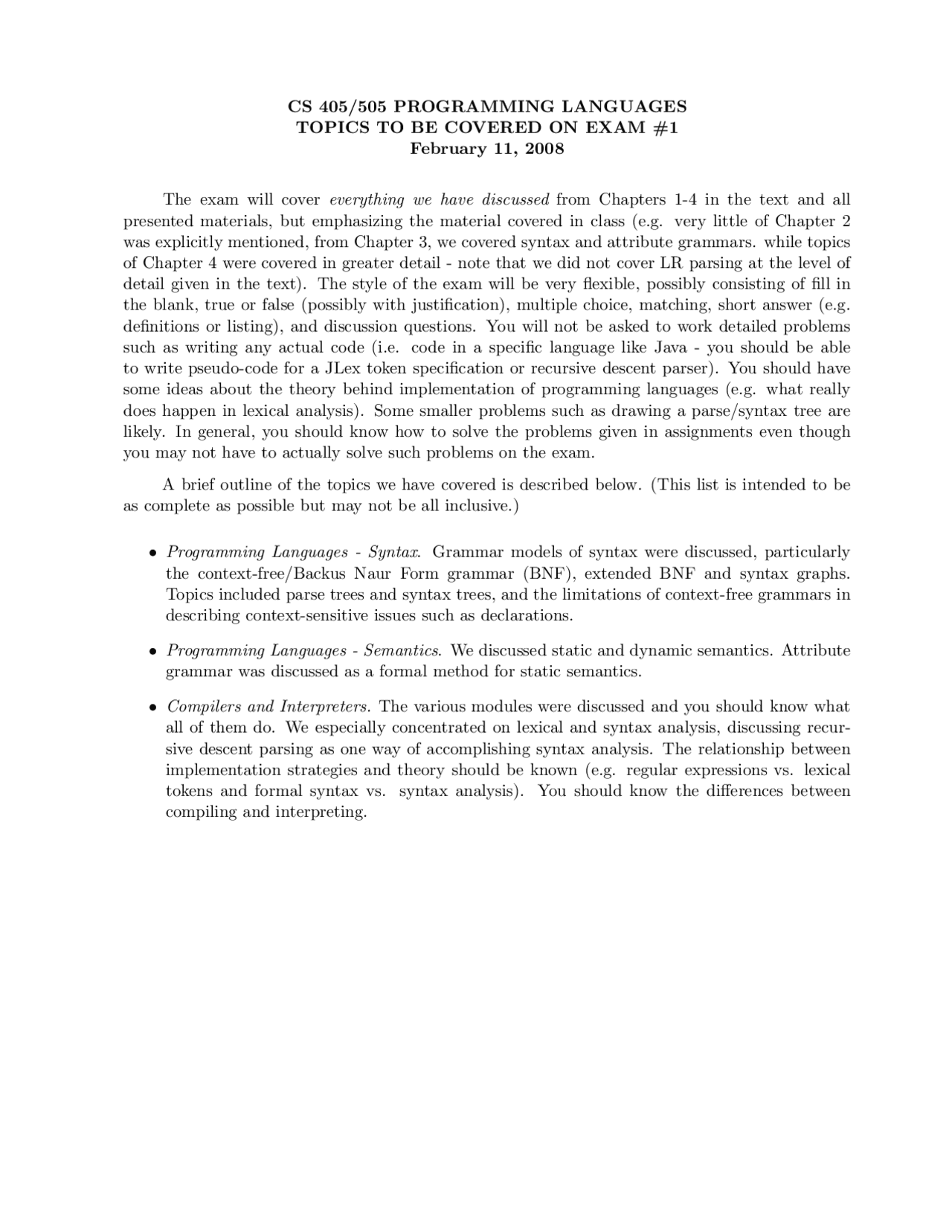 Exam 1 Sample Questions Programming Languages Fall 2008 Cs 401