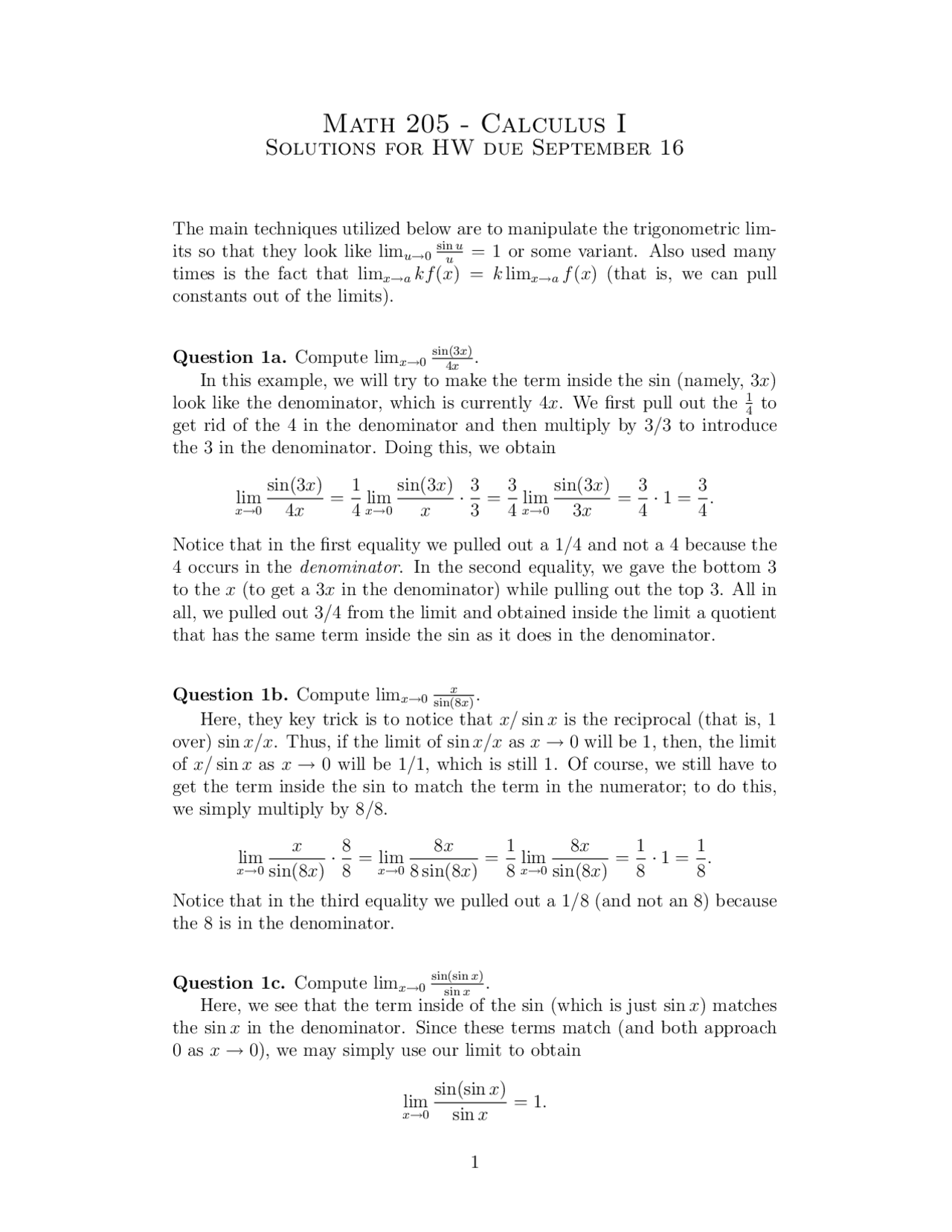 Solutions For Homework Calculus I Math 205 Docsity