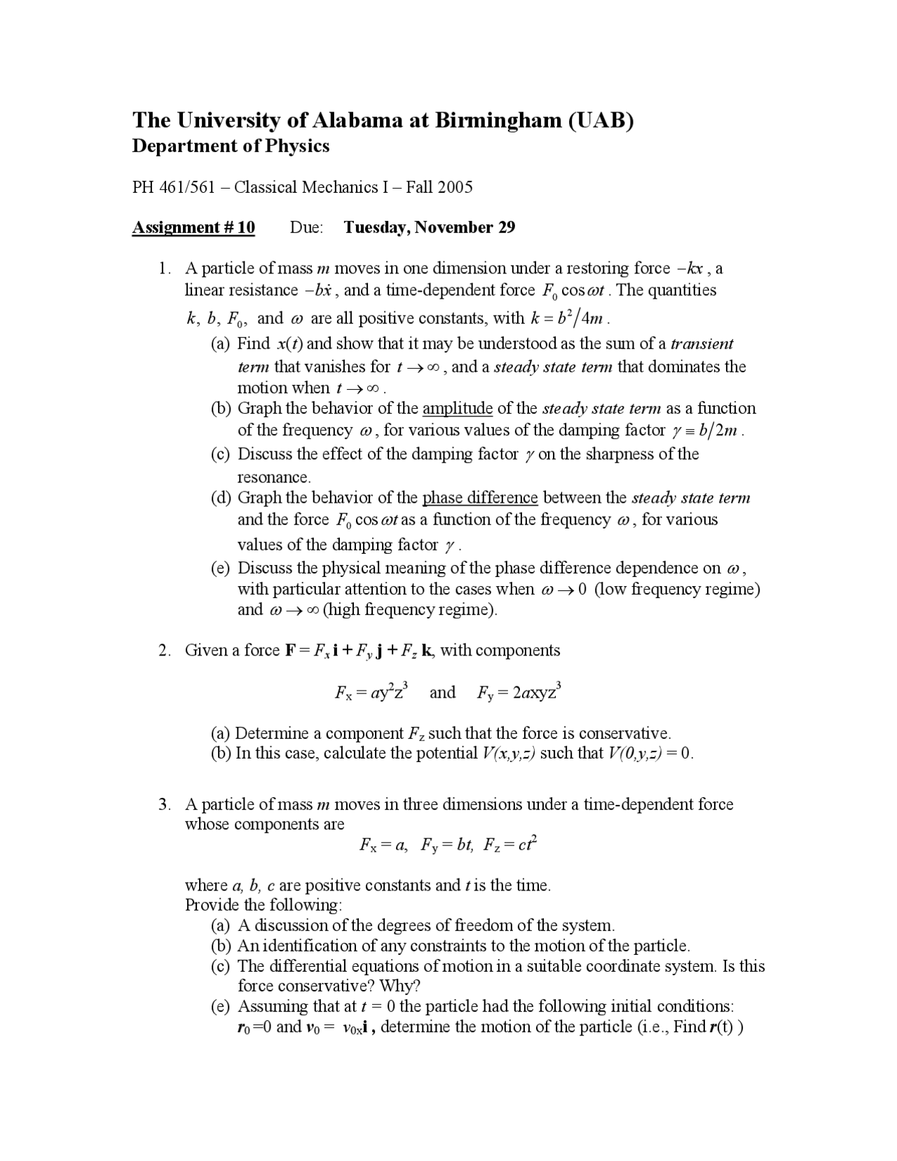 Classical Mechanics I - Study Guide for Assignment 10 | PH 461 - Docsity