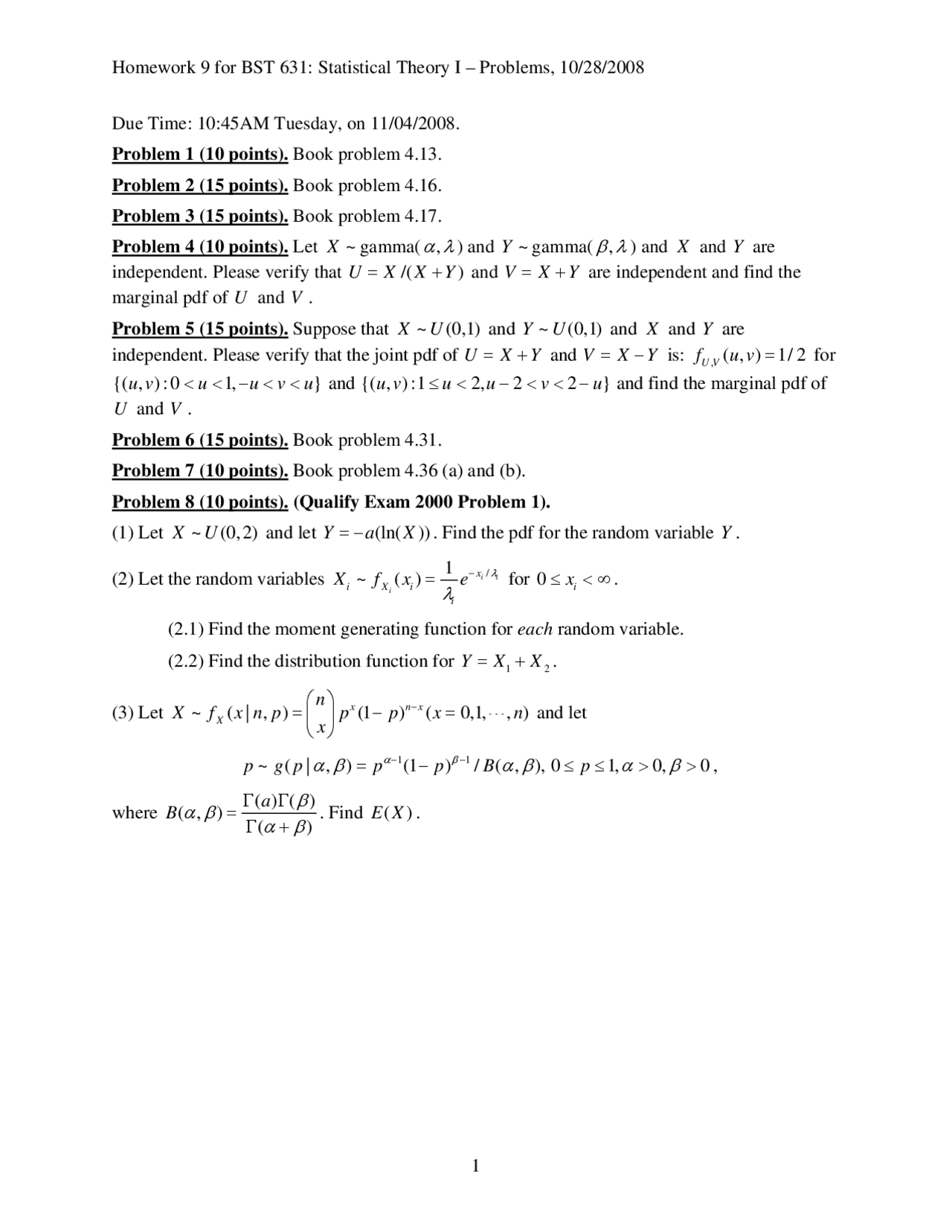 Statistical Theory I Assignment 9 Bst 631 Docsity