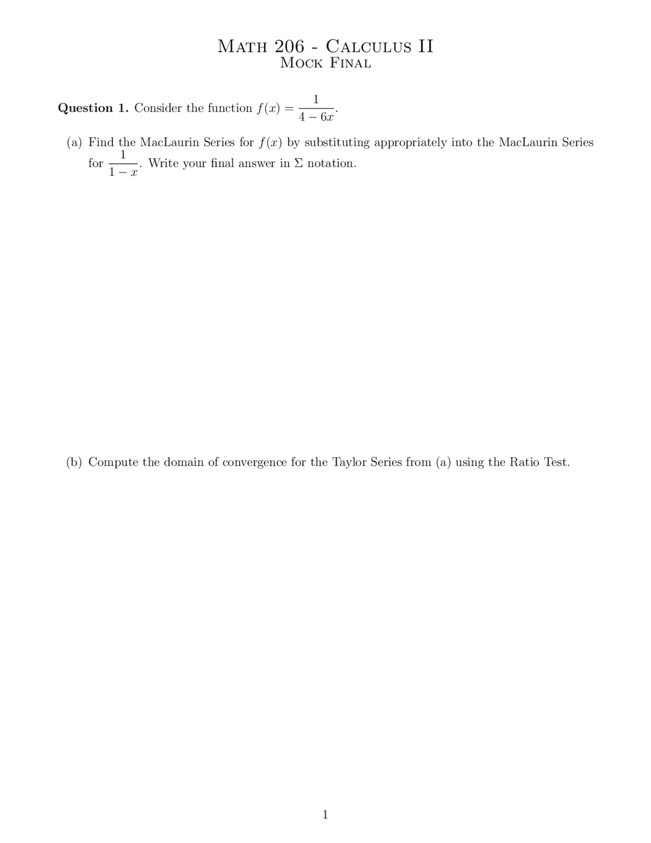 5 Questions In Mock Final Exam Calculus Ii Math 206 Docsity
