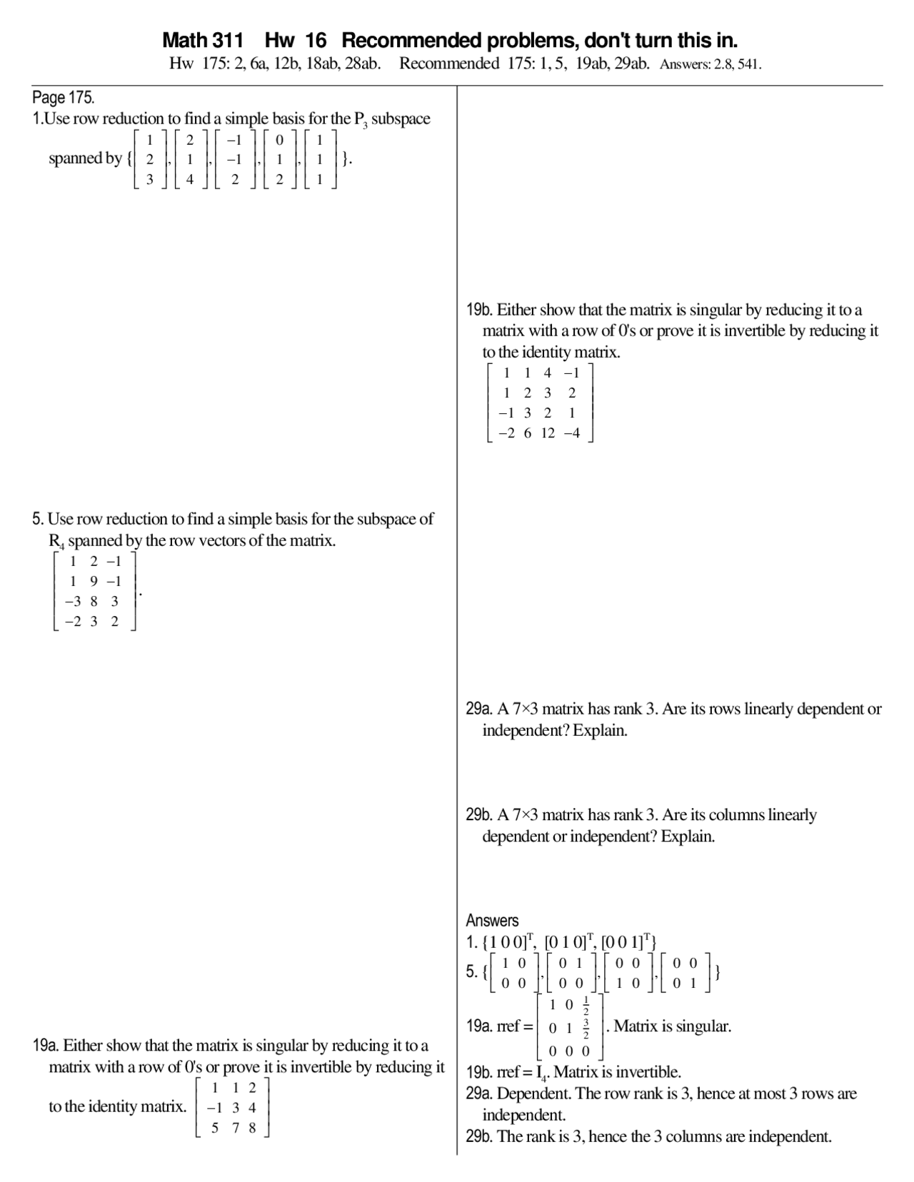 Homework 16 Introductory Linear Algebra Math 311 Docsity