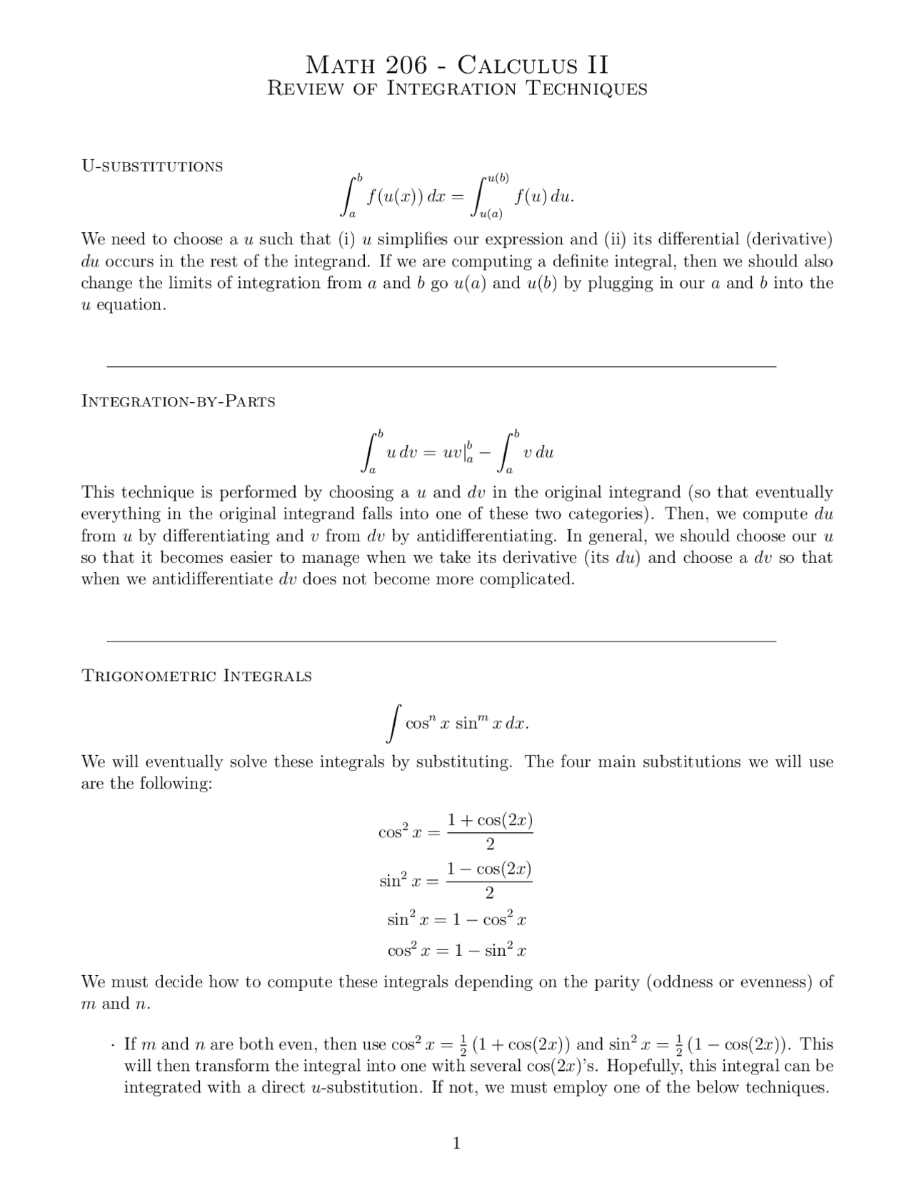 Review Of Integration Techniques For Calculus Ii Math 206 Docsity