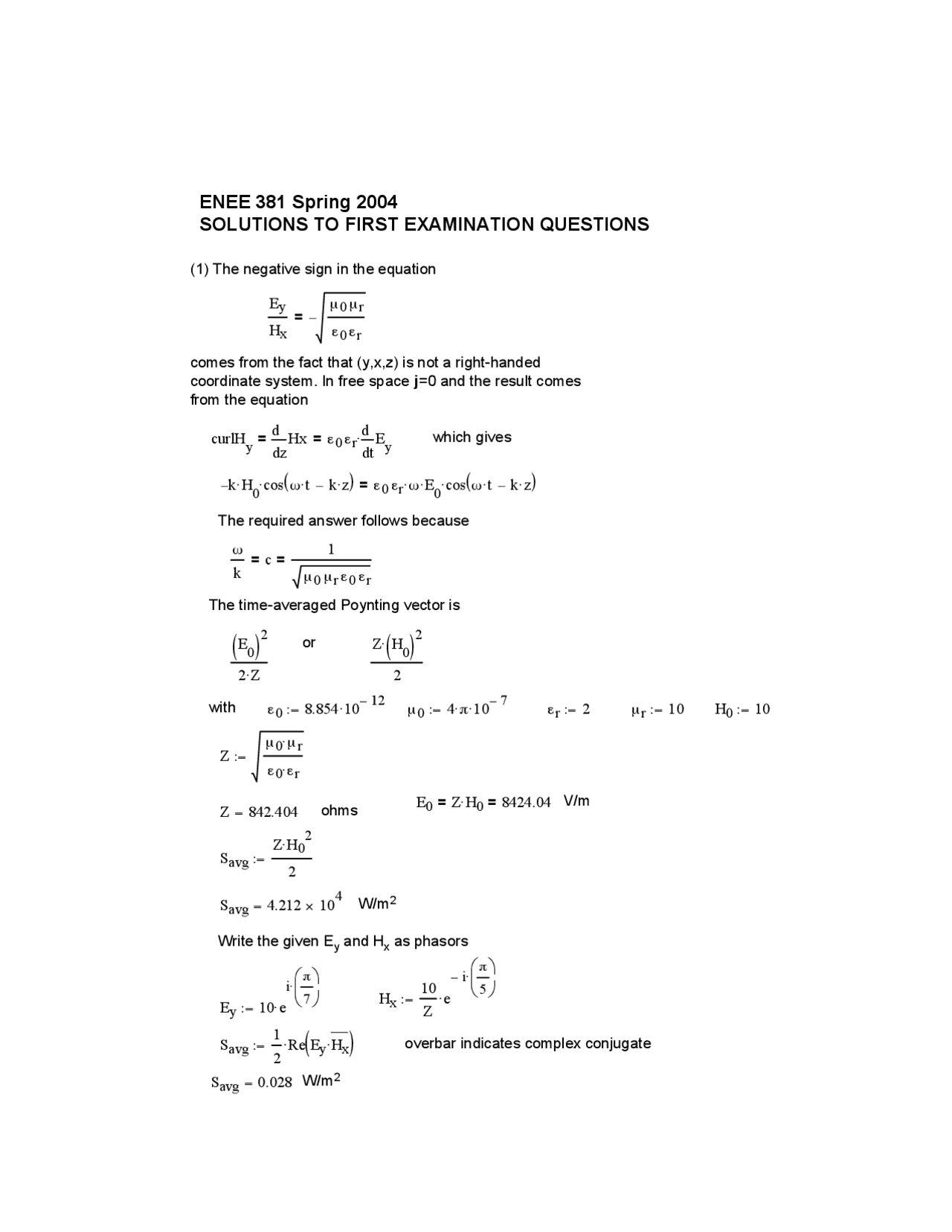 Exam 1 With Resolution Electromagnetic Wave Properties Enee 381