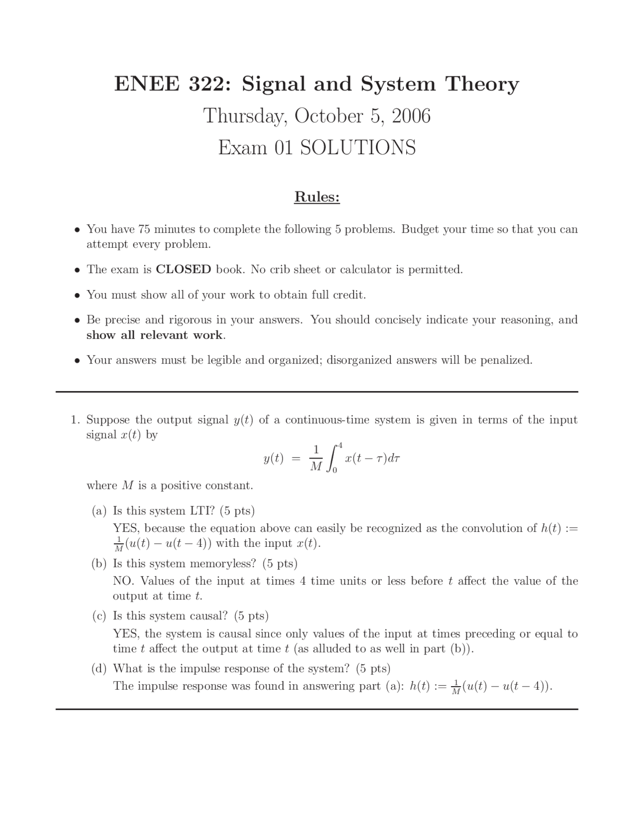 Solved Exam 1 For Signal And System Theory Enee 322 Exams Signals